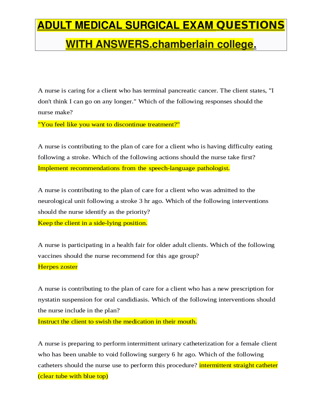 ADULT MEDICAL SURGICAL EXAM QUESTIONS WITH ANSWERS.chamberlain college ...