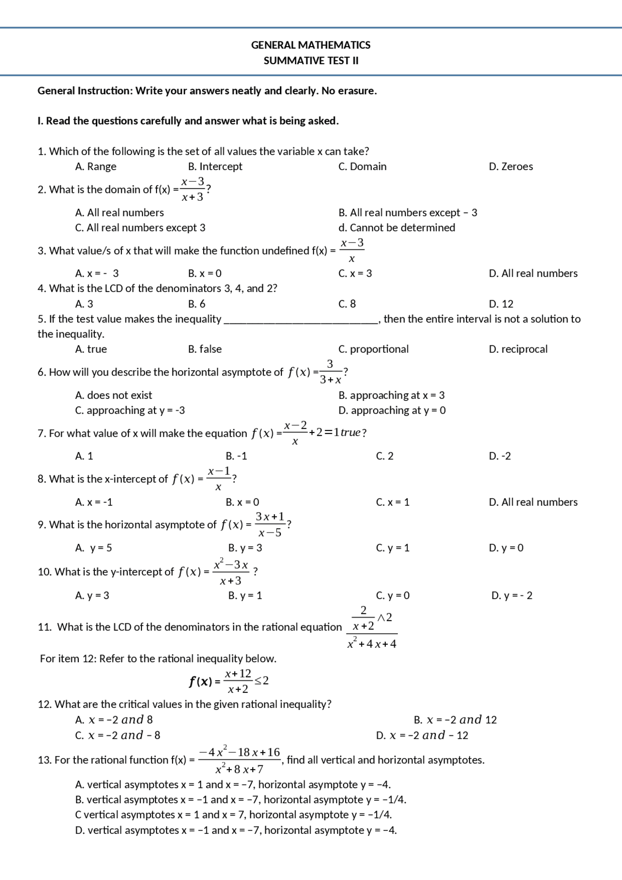 Exam for general mathematics | Exams Mathematics | Docsity