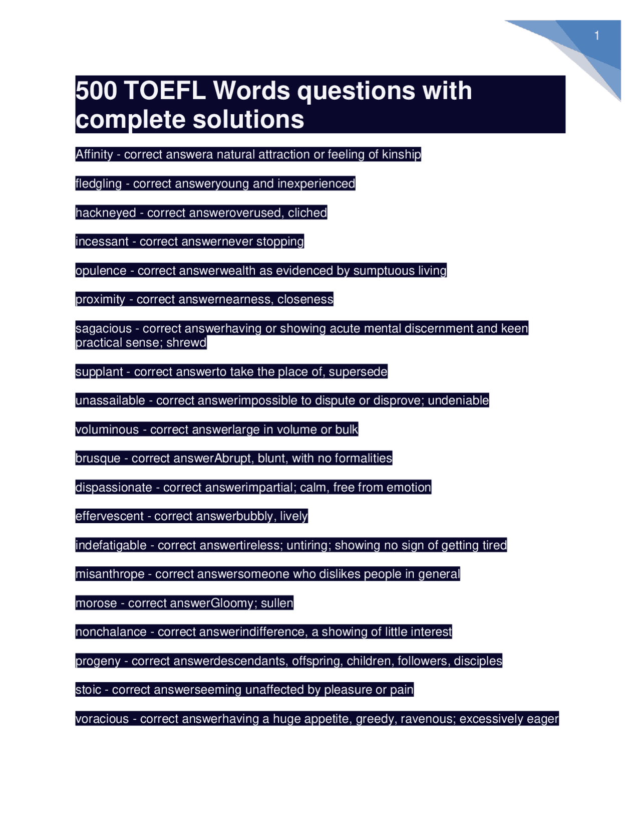 500 TOEFL Words questions with complete solutions | Exams English ...