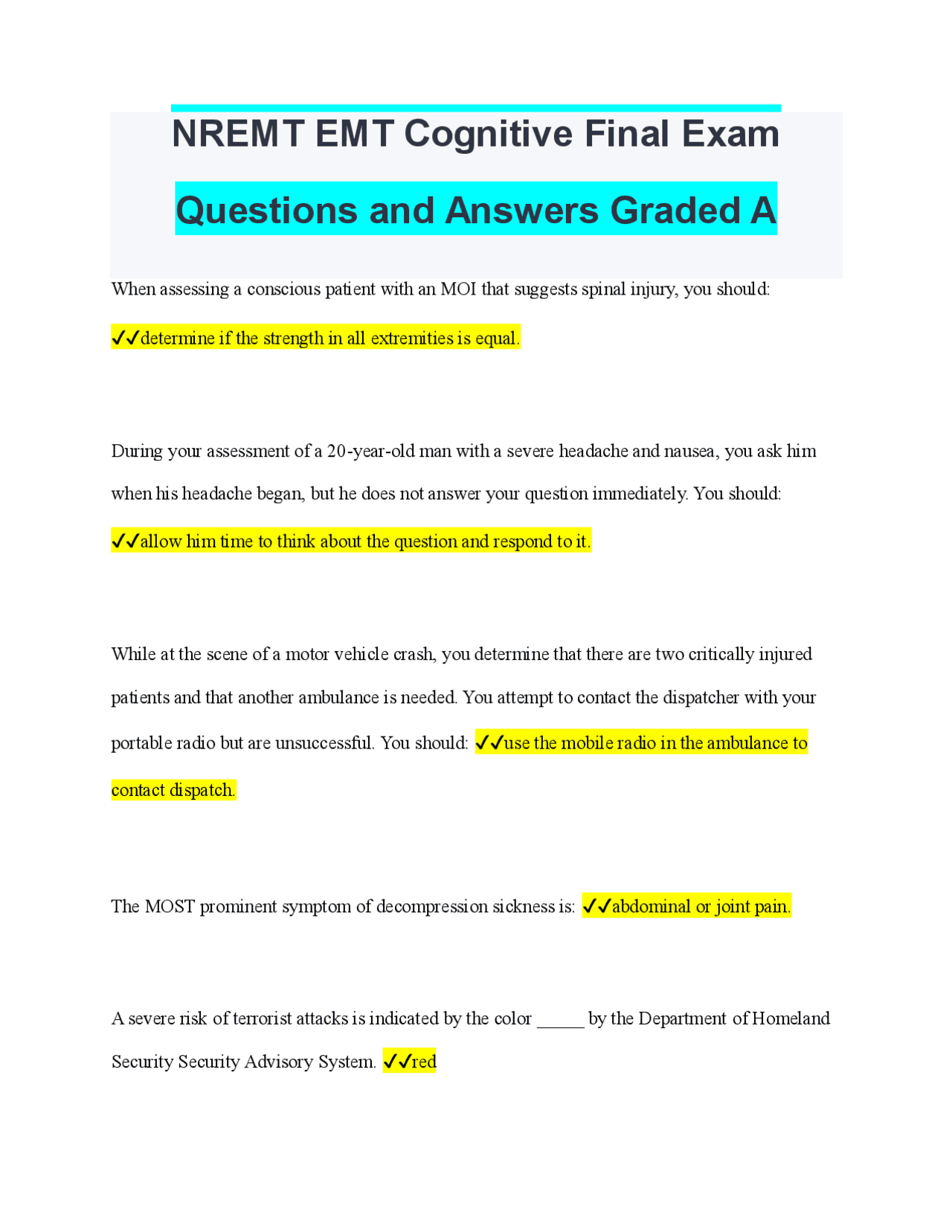 NREMT EMT COGNITIVE FINAL EXAM QUESTIONS AND ANSWERS GRADED A | Exams ...