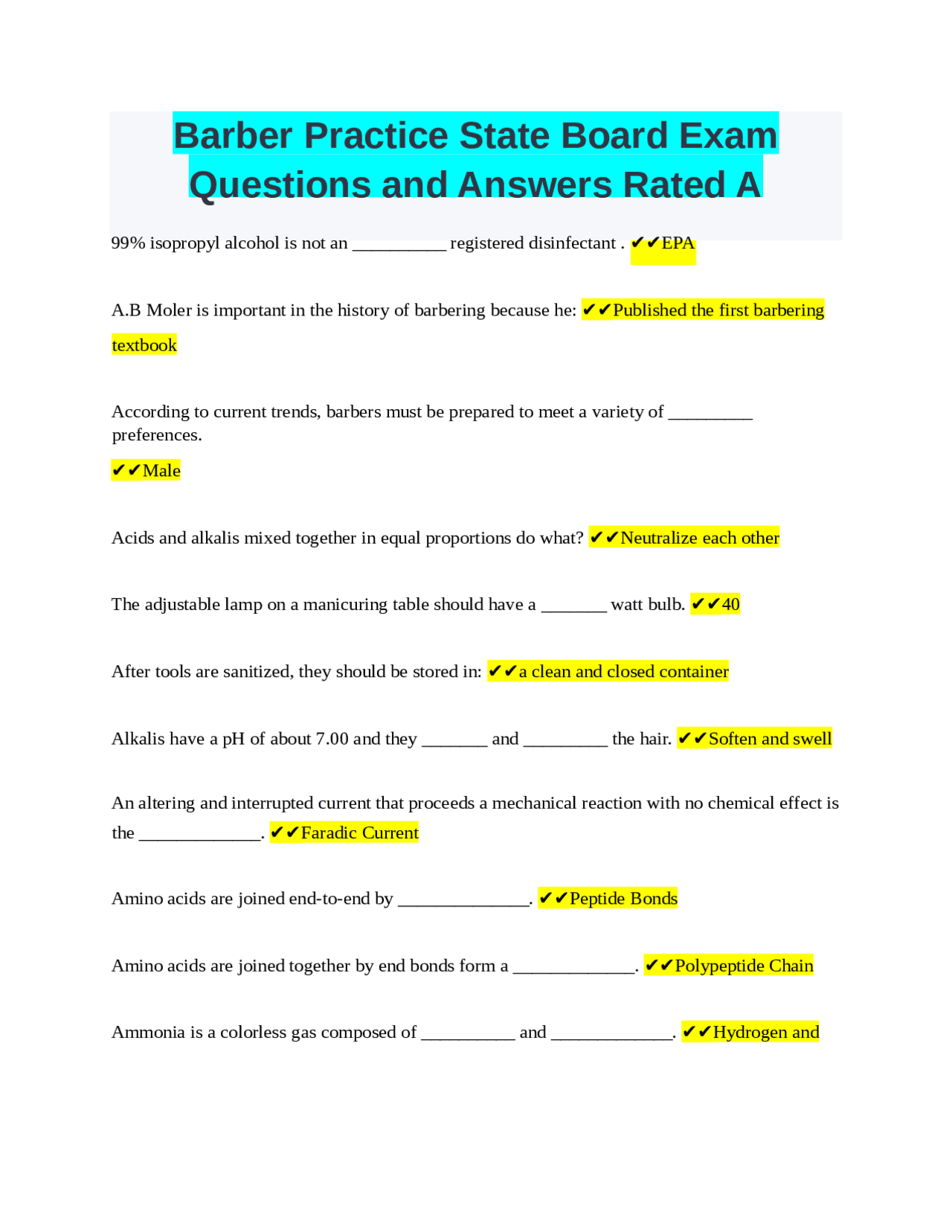 Barber Practice State Board Exam Questions And Answers Rated A | Exams ...