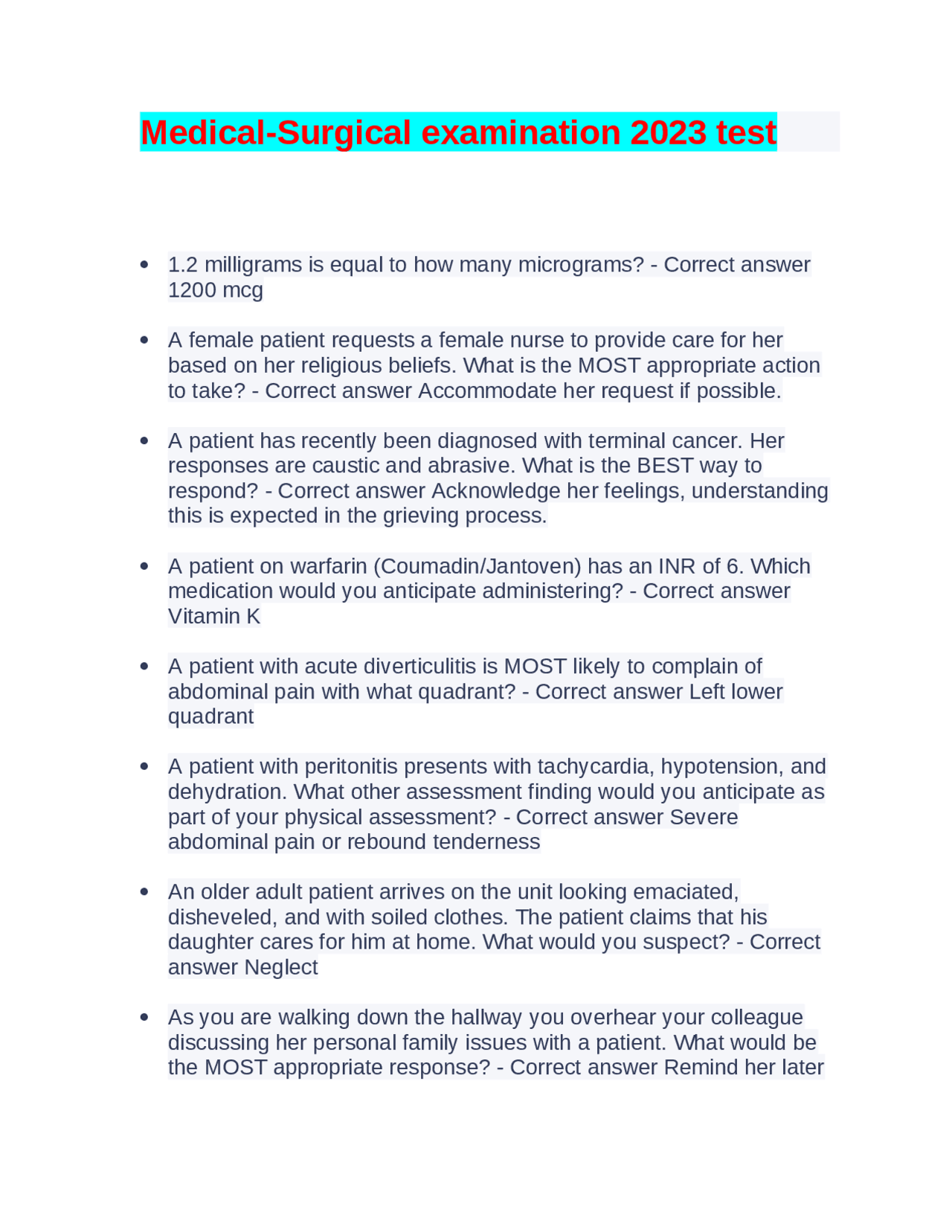 Medical-Surgical examination 2023 test | Exams Medicine | Docsity