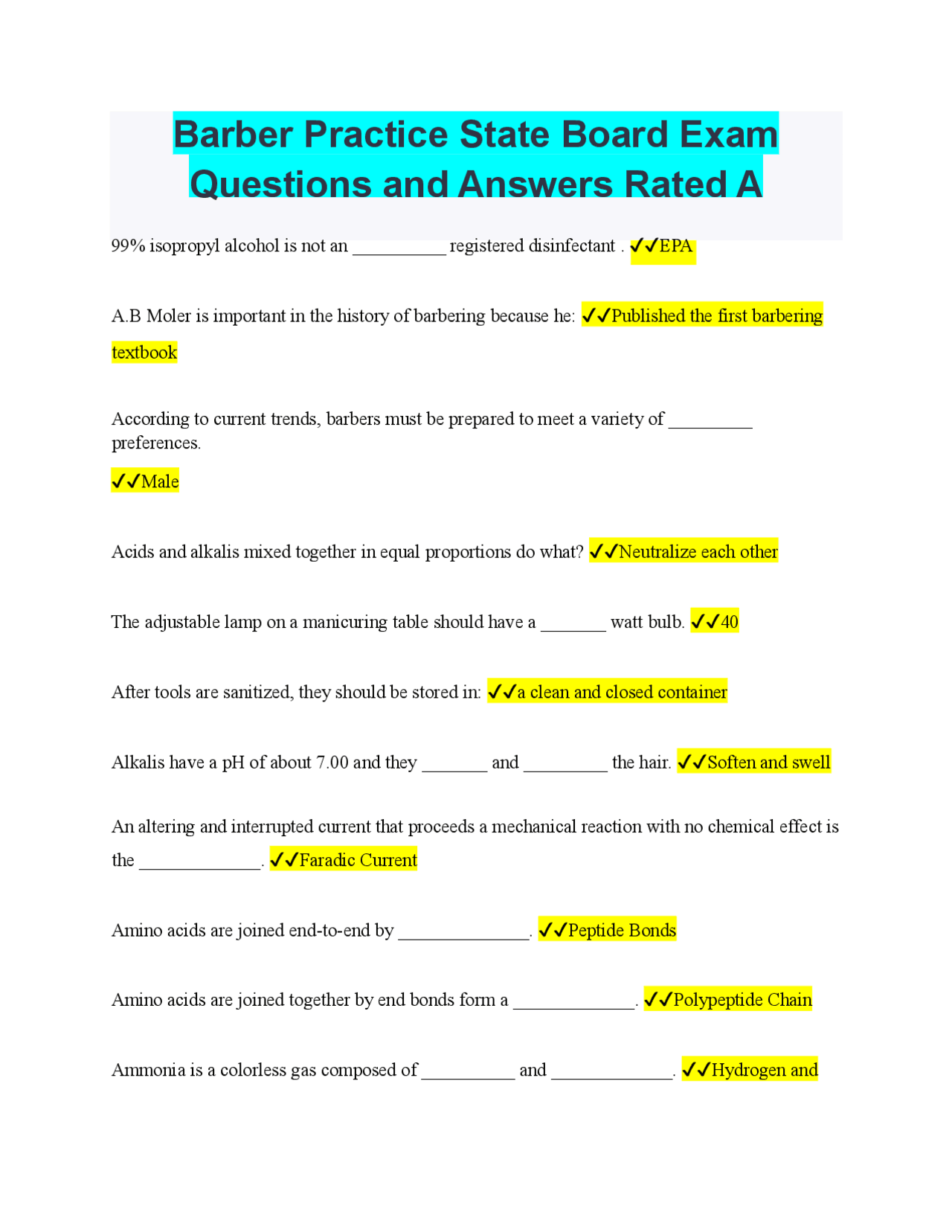 Barber Practice State Board Exam Questions And Answers Rated A | Exams ...