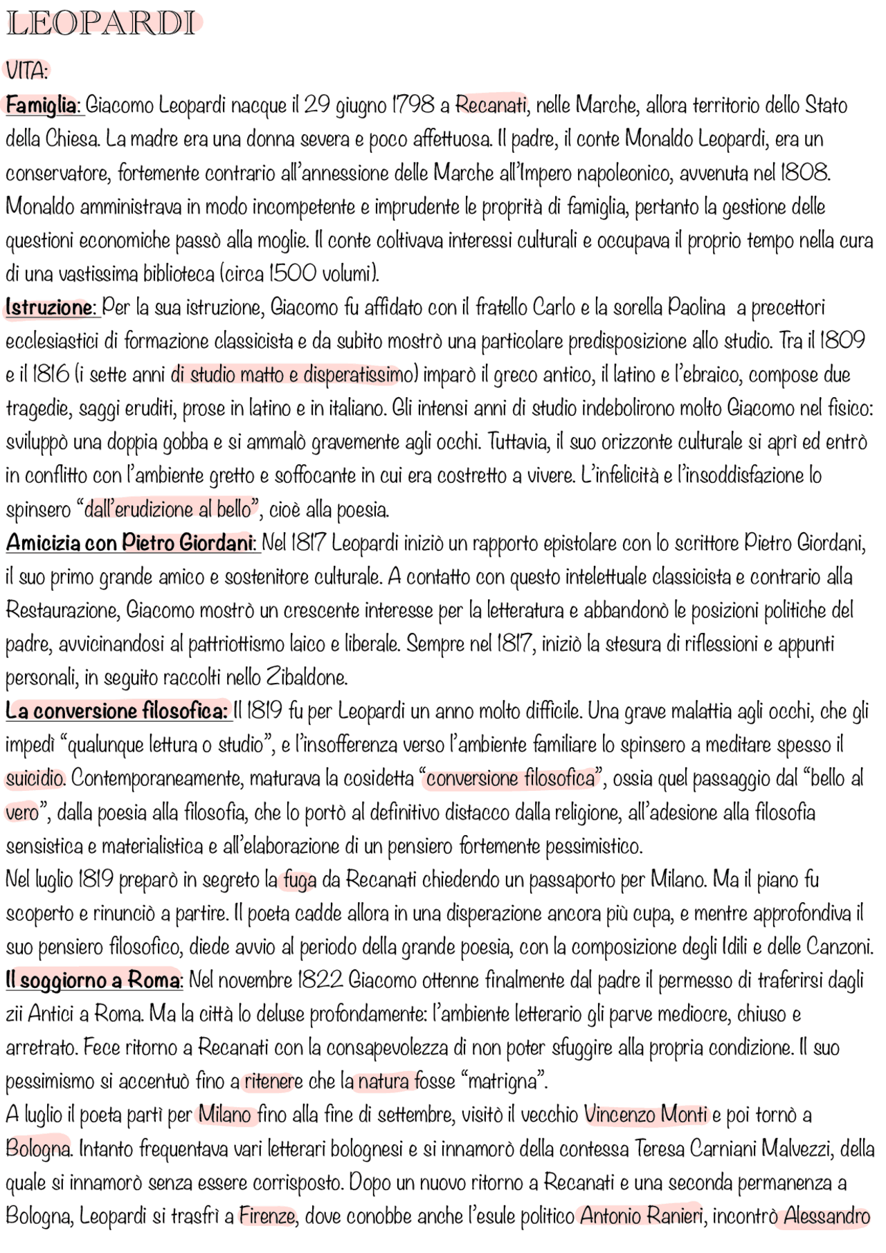 Leopardi Vita Pensiero E Opere Appunti Di Italiano Docsity