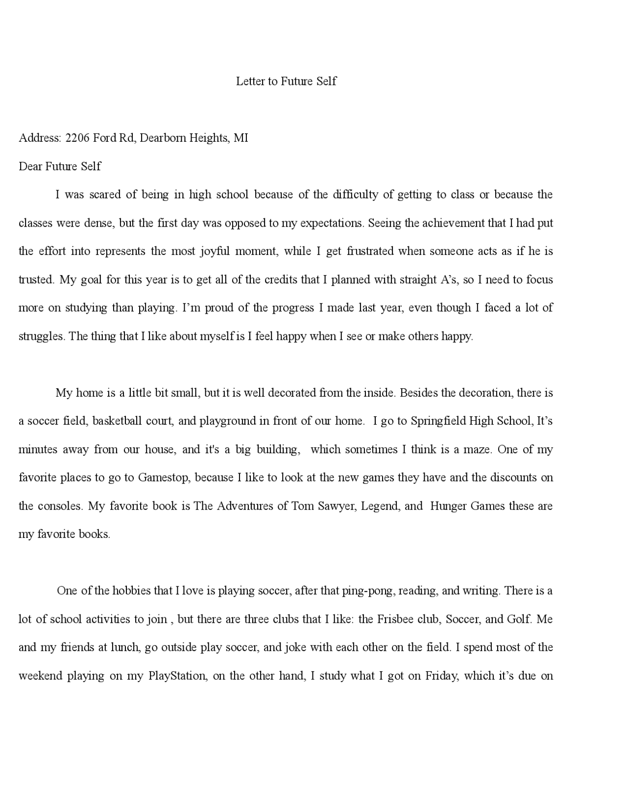 Letter to future self | Assignments English | Docsity