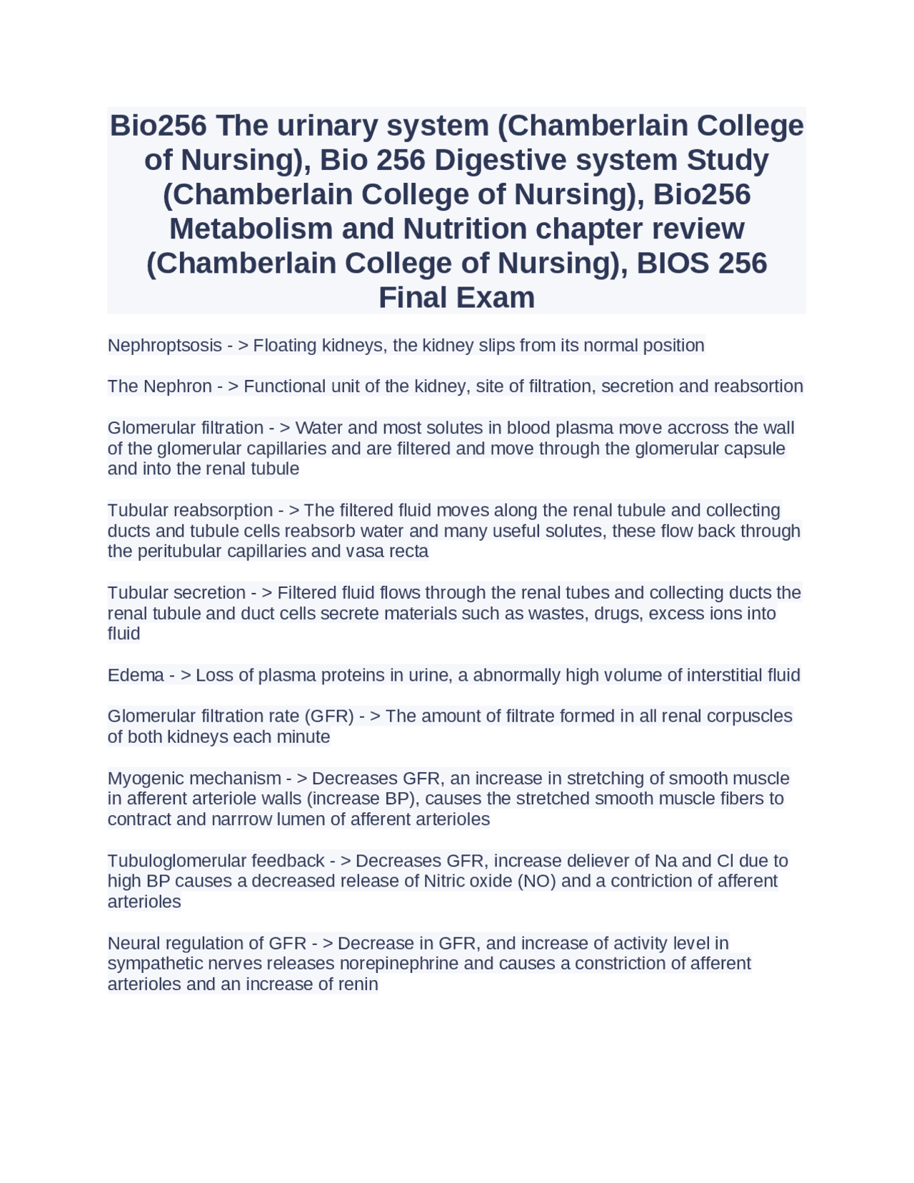 Bio256 The urinary system (Chamberlain College of Nursing), Bio 256 ...