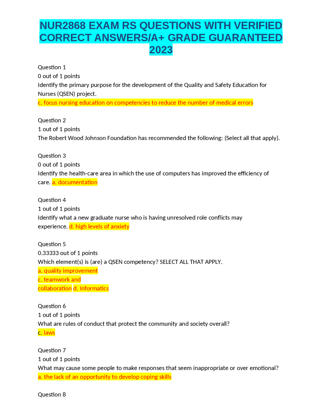 NUR2868 EXAM RS QUESTIONS WITH VERIFIED CORRECT ANSWERS/A+ GRADE ...