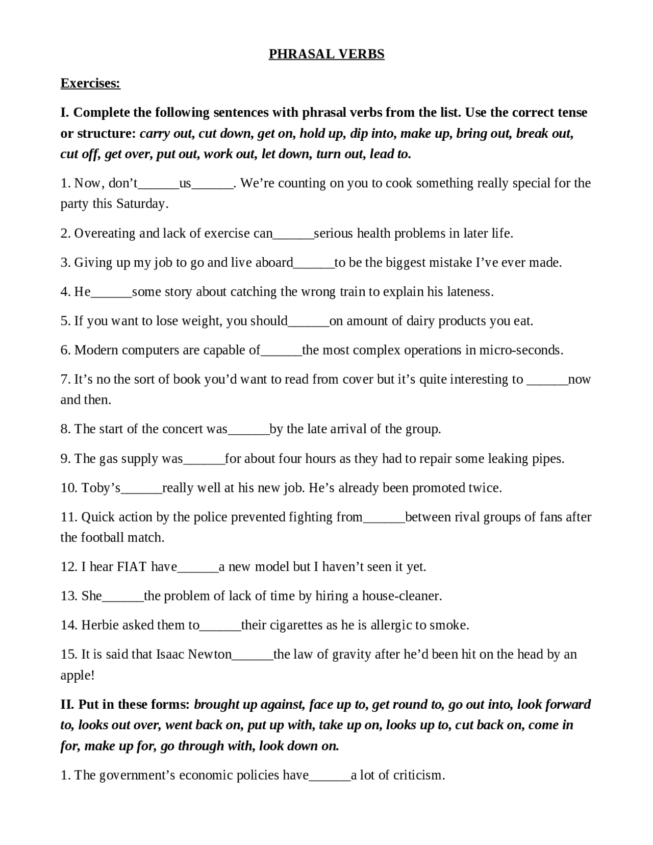 Phrasal Verb 1 - for high school student | Exercises English | Docsity