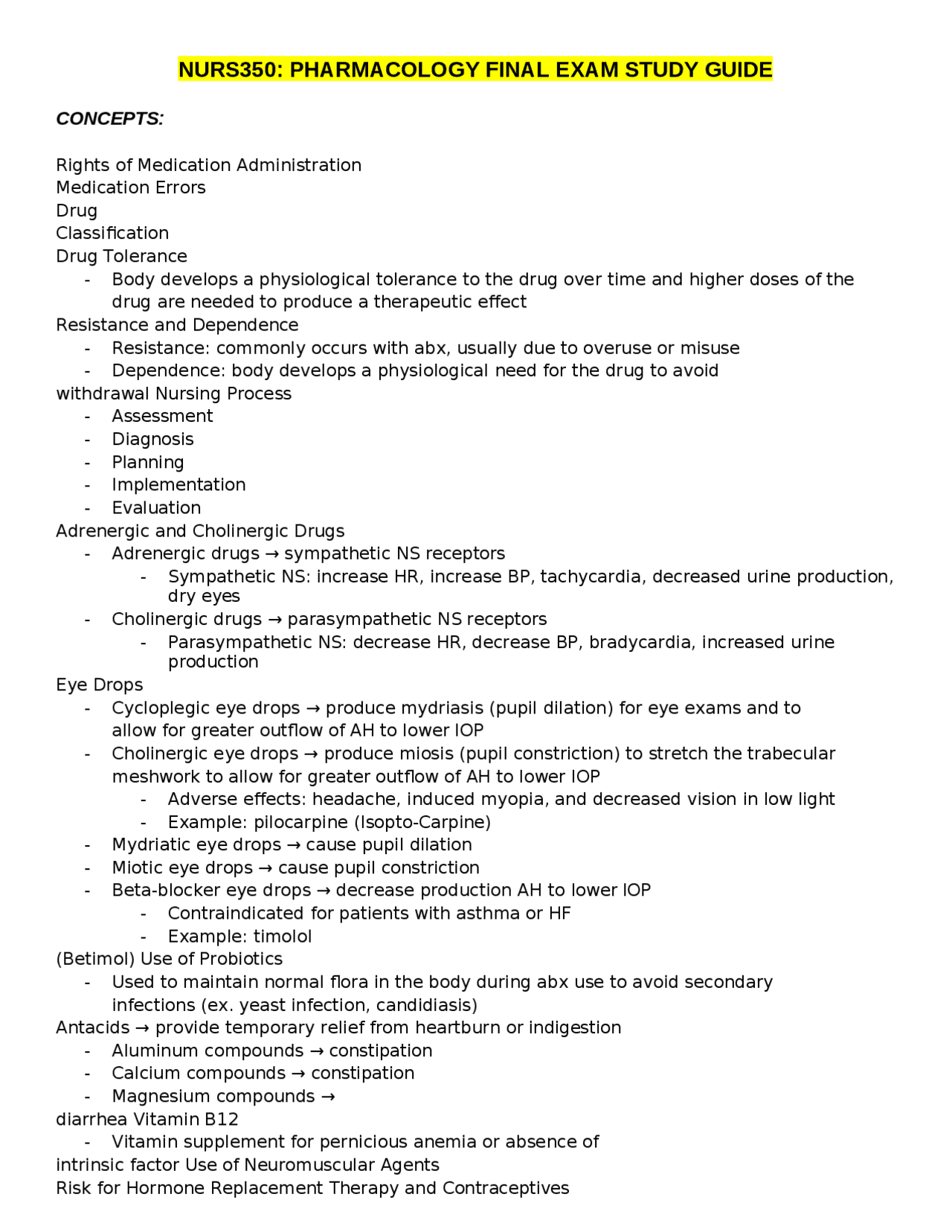 NURS350: PHARMACOLOGY FINAL EXAM STUDY GUIDE | Exams Health sciences ...
