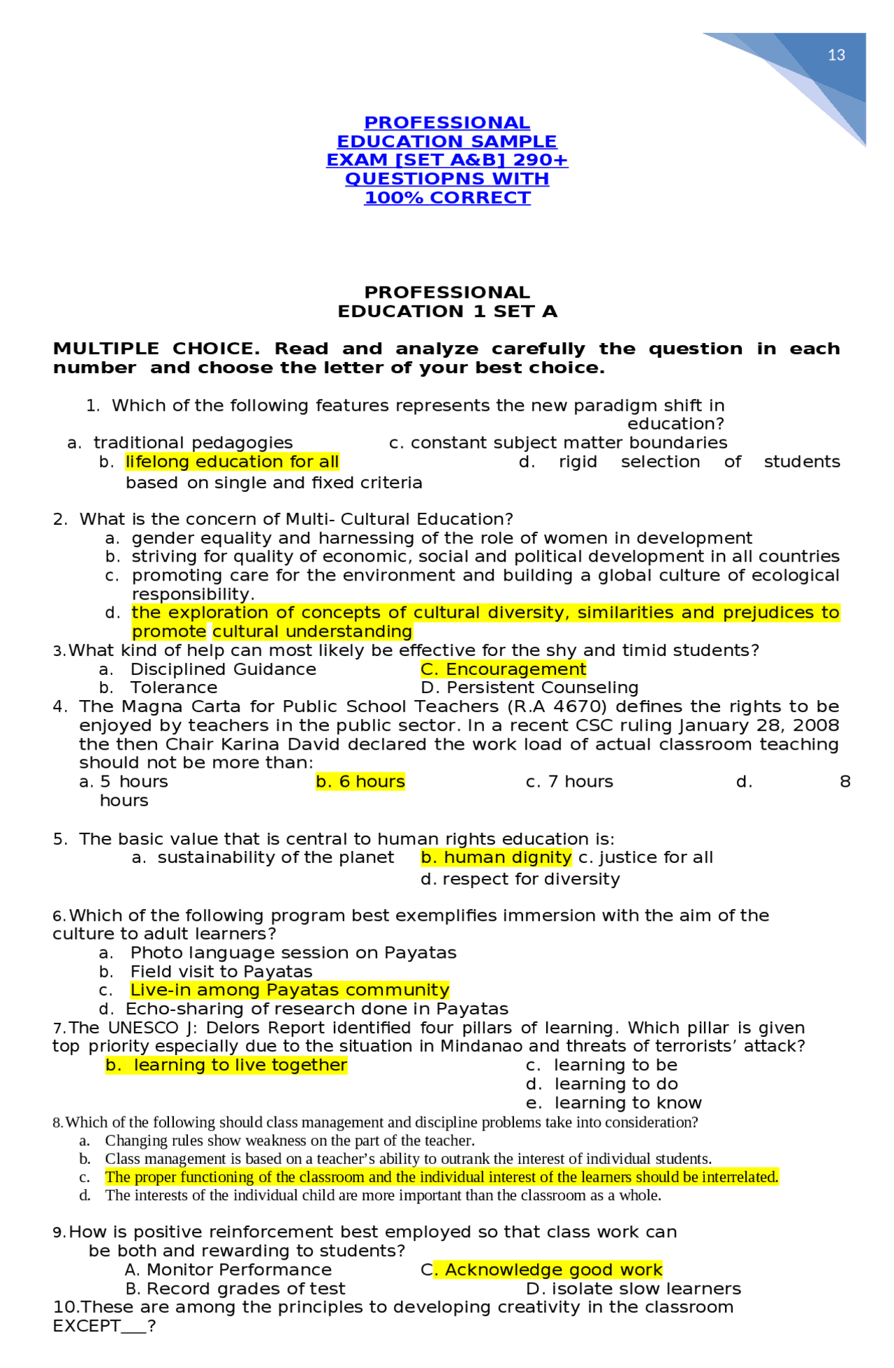 PROFESSIONAL EDUCATION SAMPLE EXAM [SET A&B] QUESTIOPNS WITH 100% ...