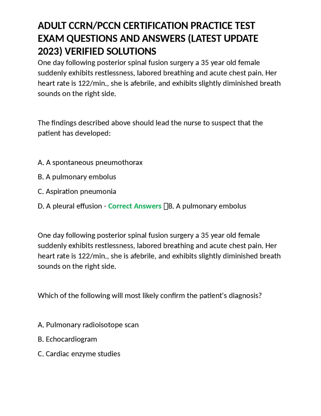 ADULT CCRN/PCCN CERTIFICATION PRACTICE TEST EXAM QUESTIONS AND ANSWERS ...