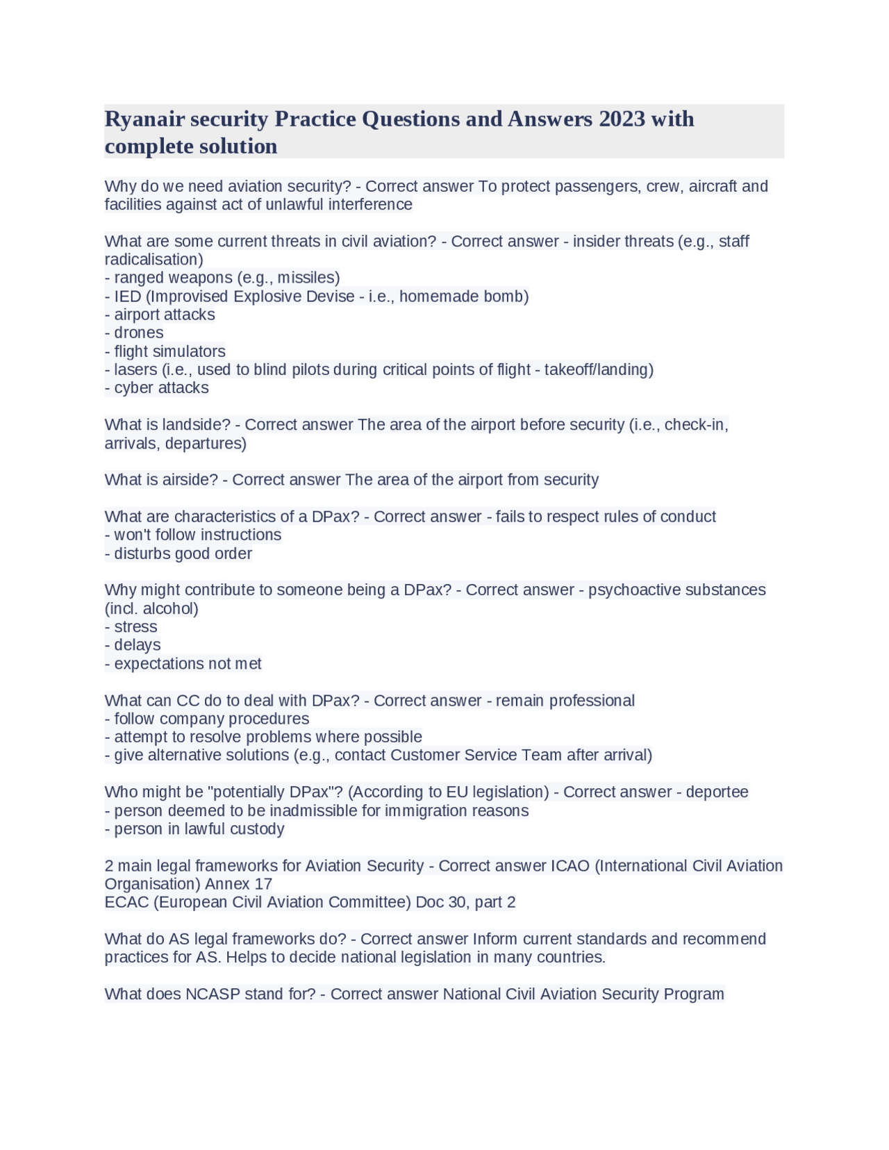 Ryanair Security Practice Questions And Answers 2023 With Complete