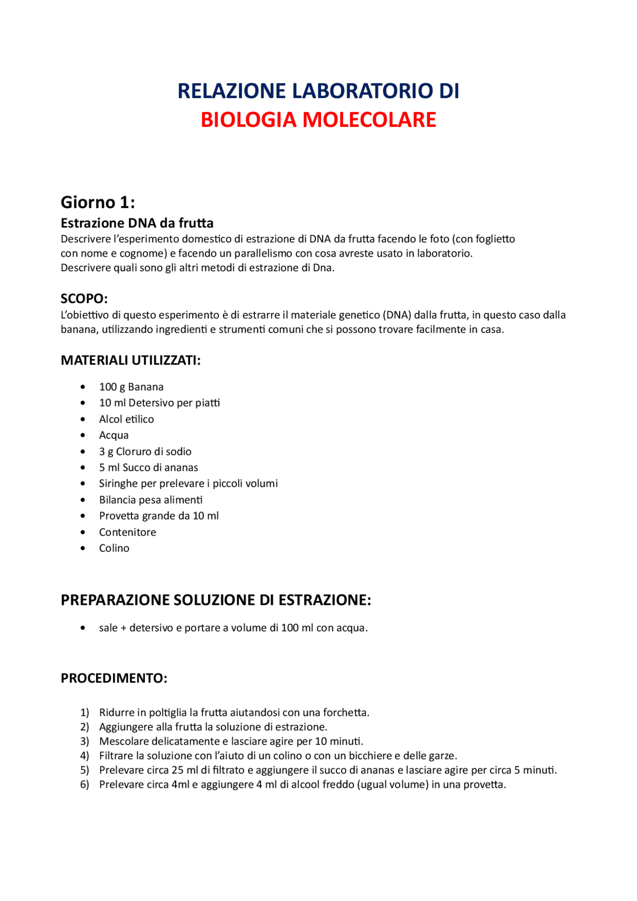 Relazione di Laboratorio di Biologia Molecolare | Prove d'esame di Biologia Molecolare | Docsity