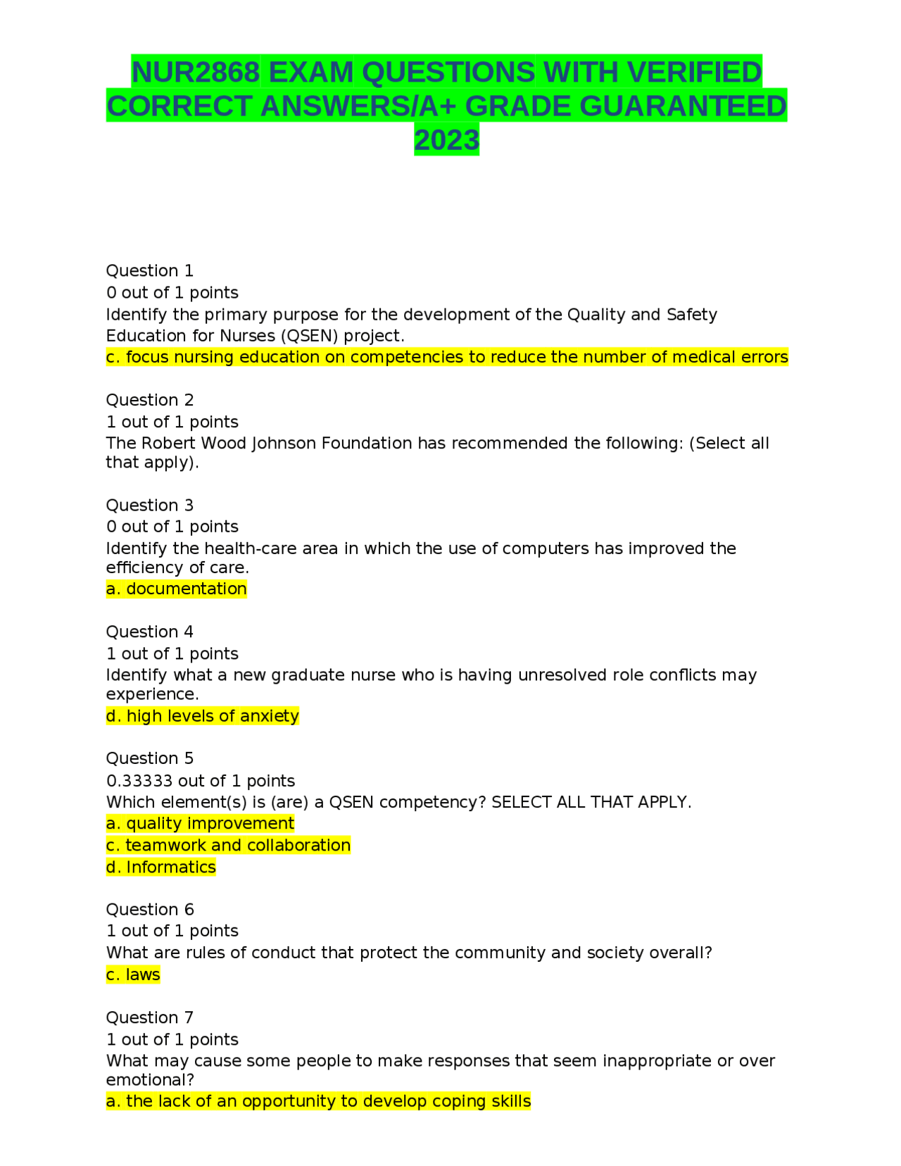 Nur2868 Exam Questions With Verified Correct Answersa Grade