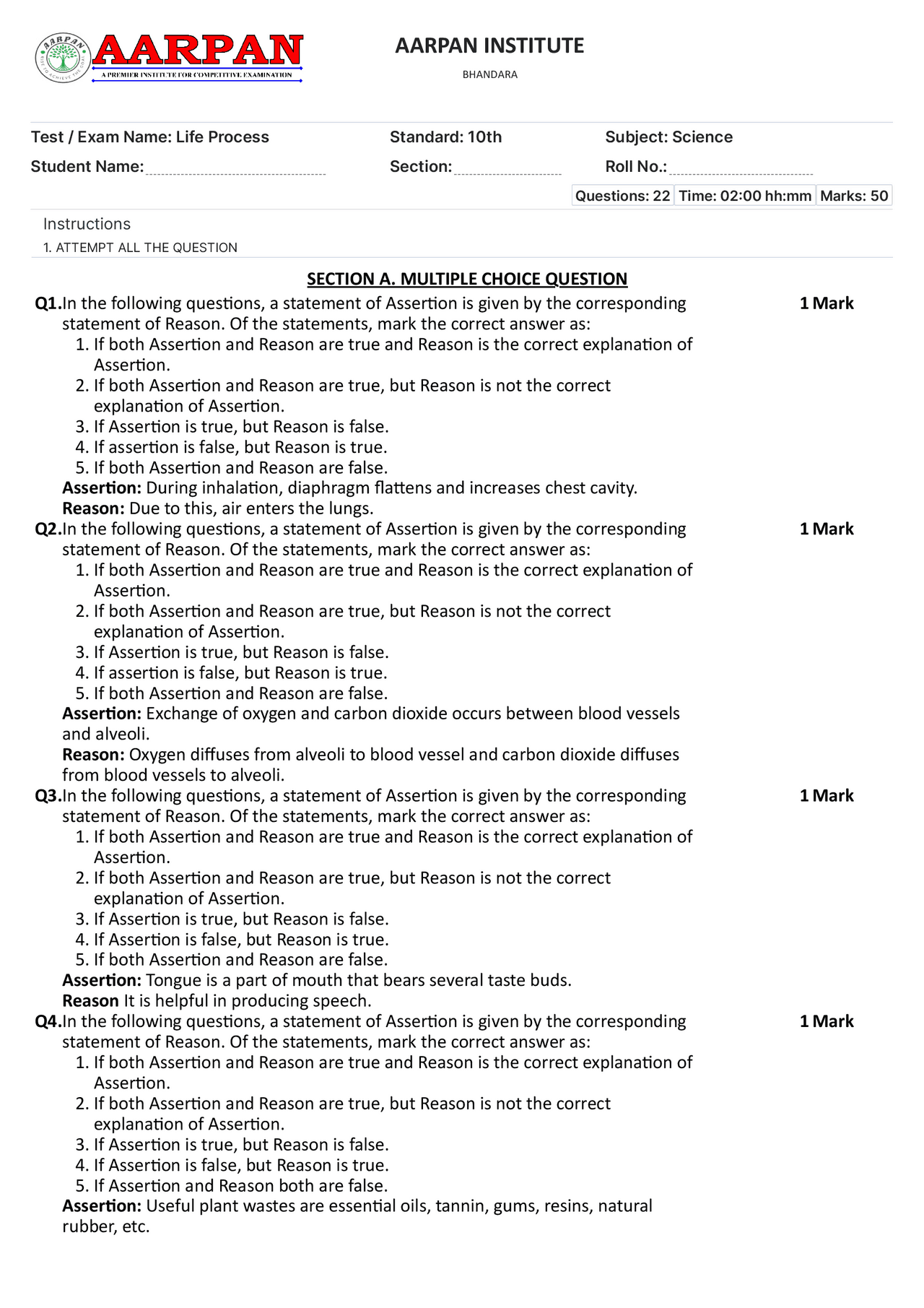 TEST PAPER ON LIFE PROCESS | Exams Biology | Docsity