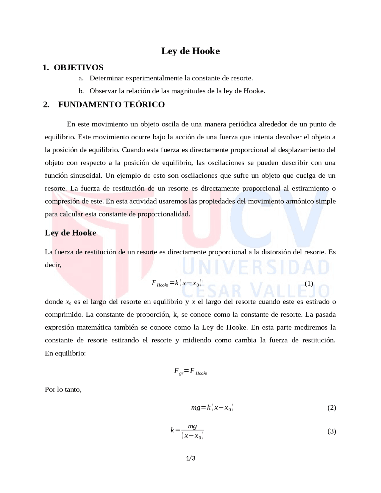LEY DE HOOKE. TEMA. LABORATORIO | Diapositivas de Bioquímica | Docsity