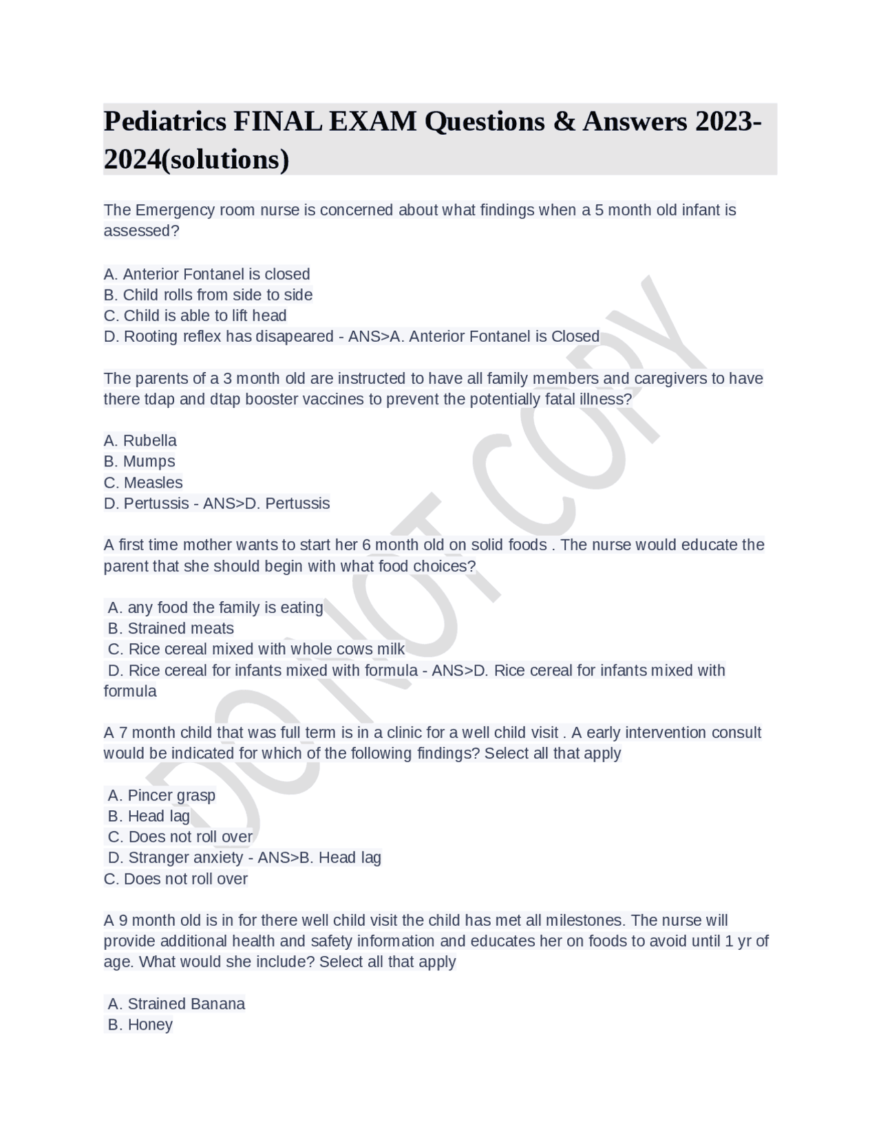 Pediatrics Final Exam Questions And Answers 2023 2024solutions Exams