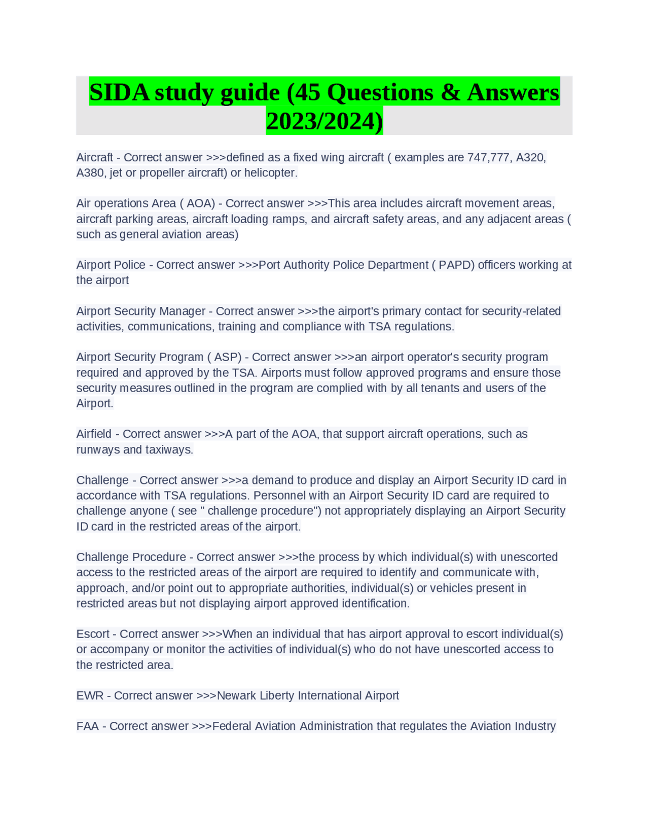 SIDA study guide (45 Questions & Answers 2023/2024) | Exams Security ...