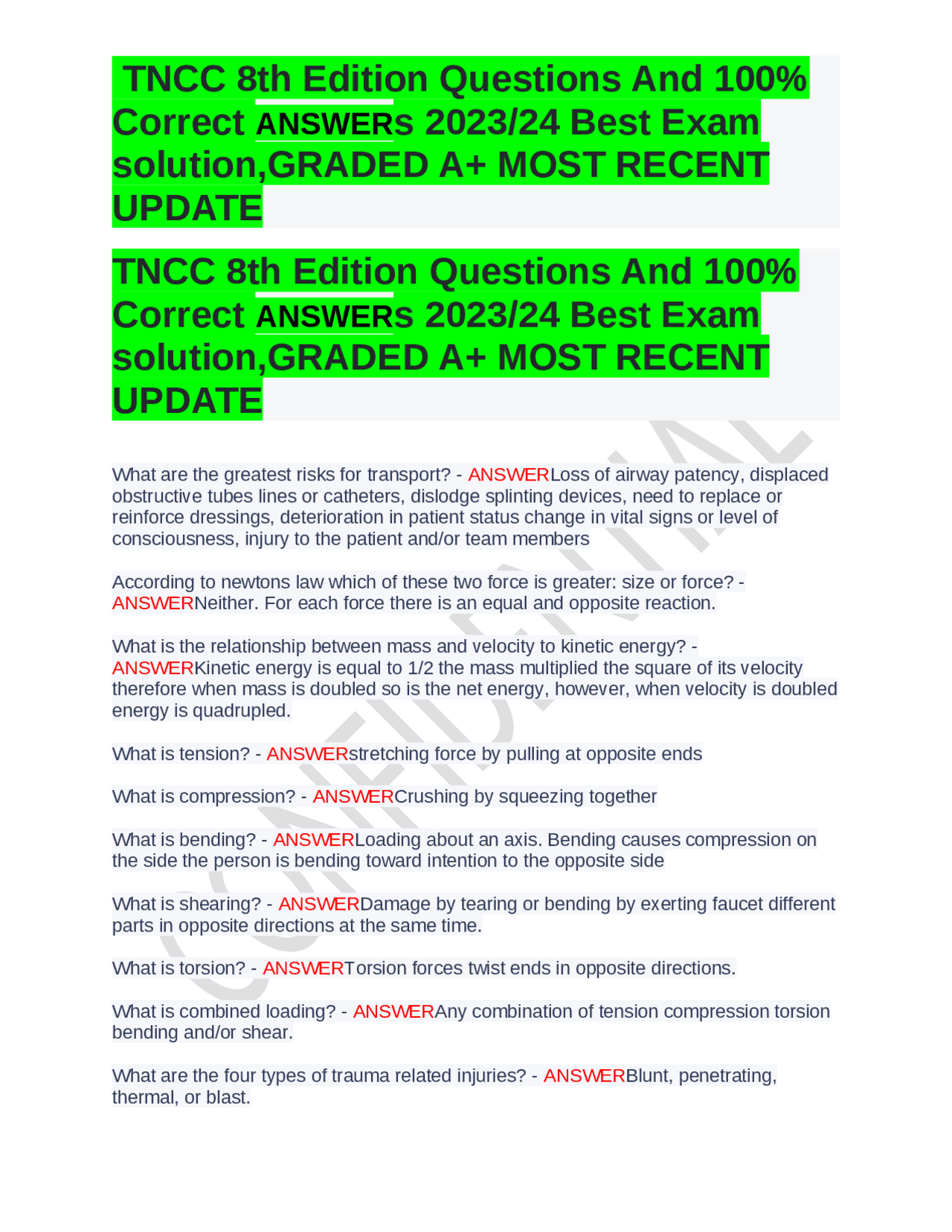Tncc 8th Edition Questions And 100 Correct Answers 202324 Best Exam
