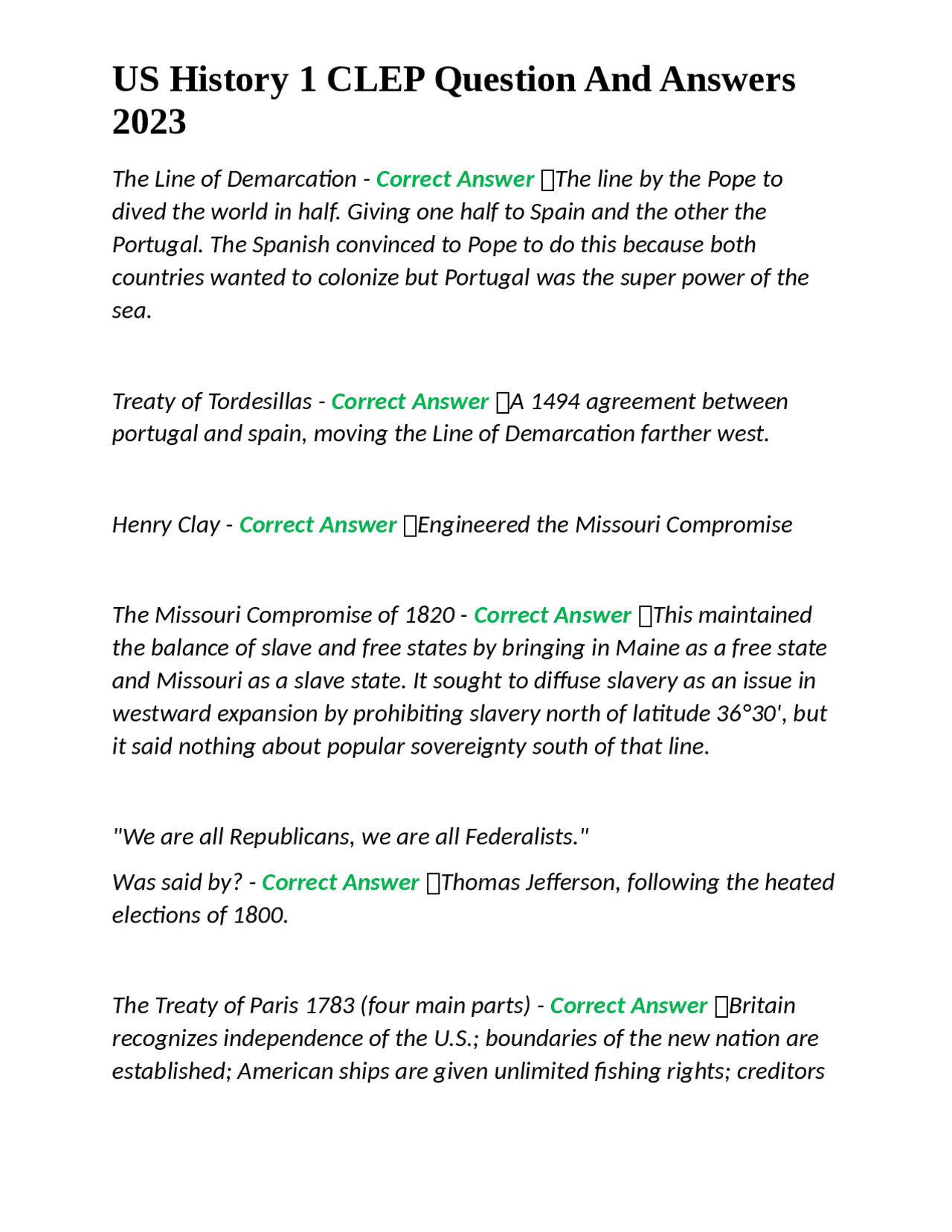 US History 1 CLEP Question And Answers 2023 | Exams Nursing | Docsity