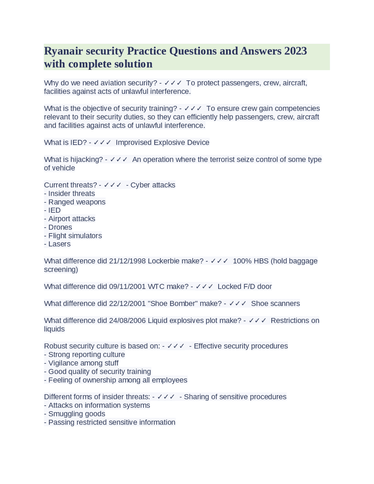 Ryanair Security Practice Questions And Answers 2023 With Complete