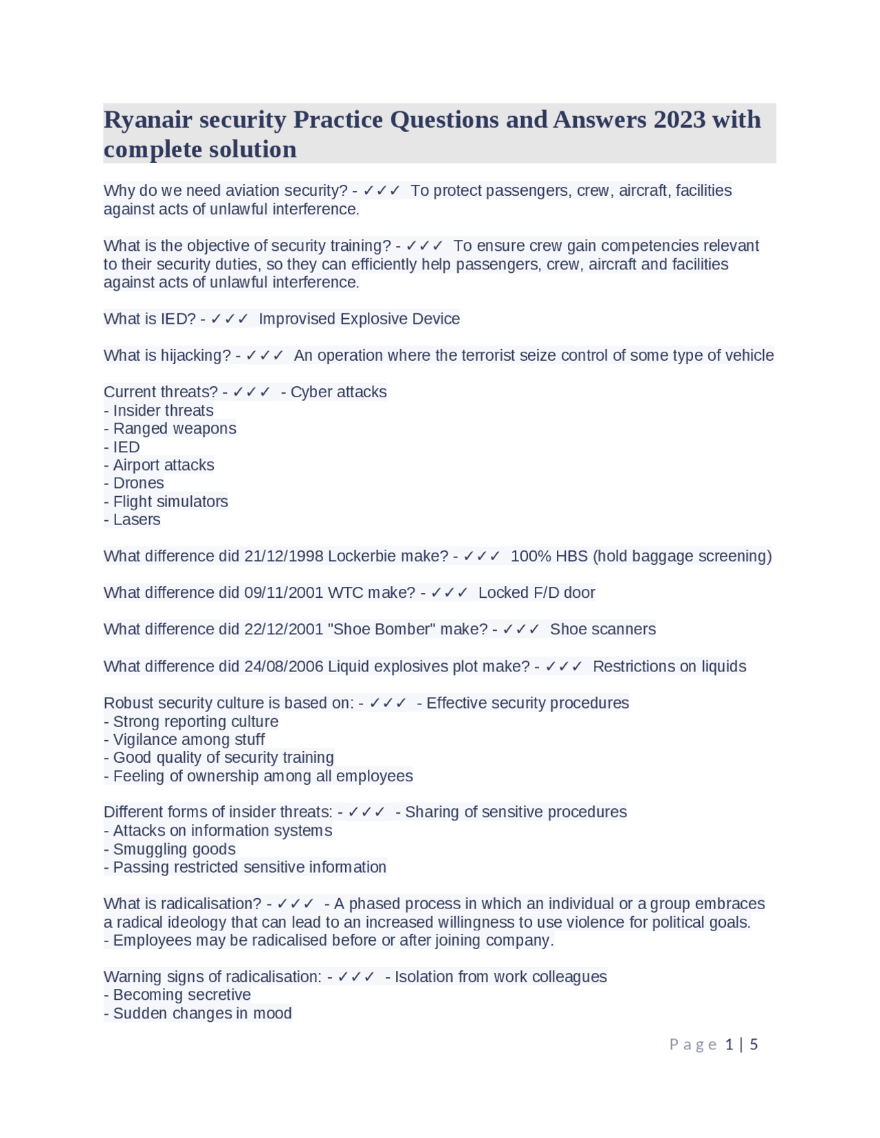 Ryanair Security Practice Questions And Answers 2023 With Complete
