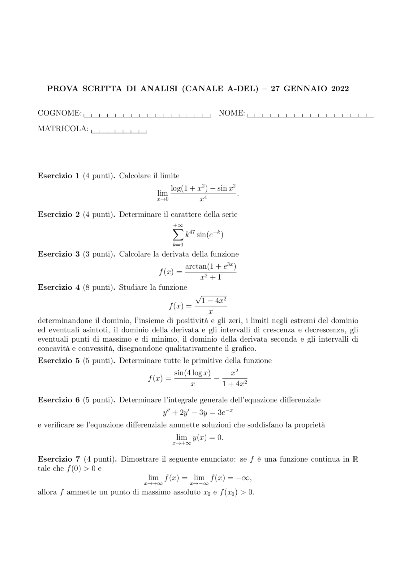 Prova d'esame 2020-2021 Analisi 1, cdl in Fisica | Prove d'esame di Analisi Matematica I | Docsity