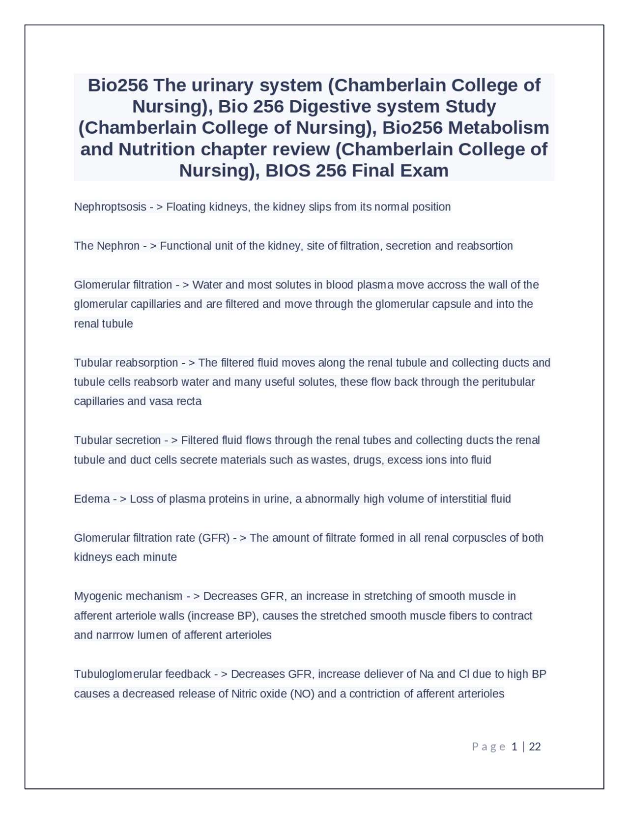 Bio256 The urinary system (Chamberlain College of Nursing), Bio 256 ...