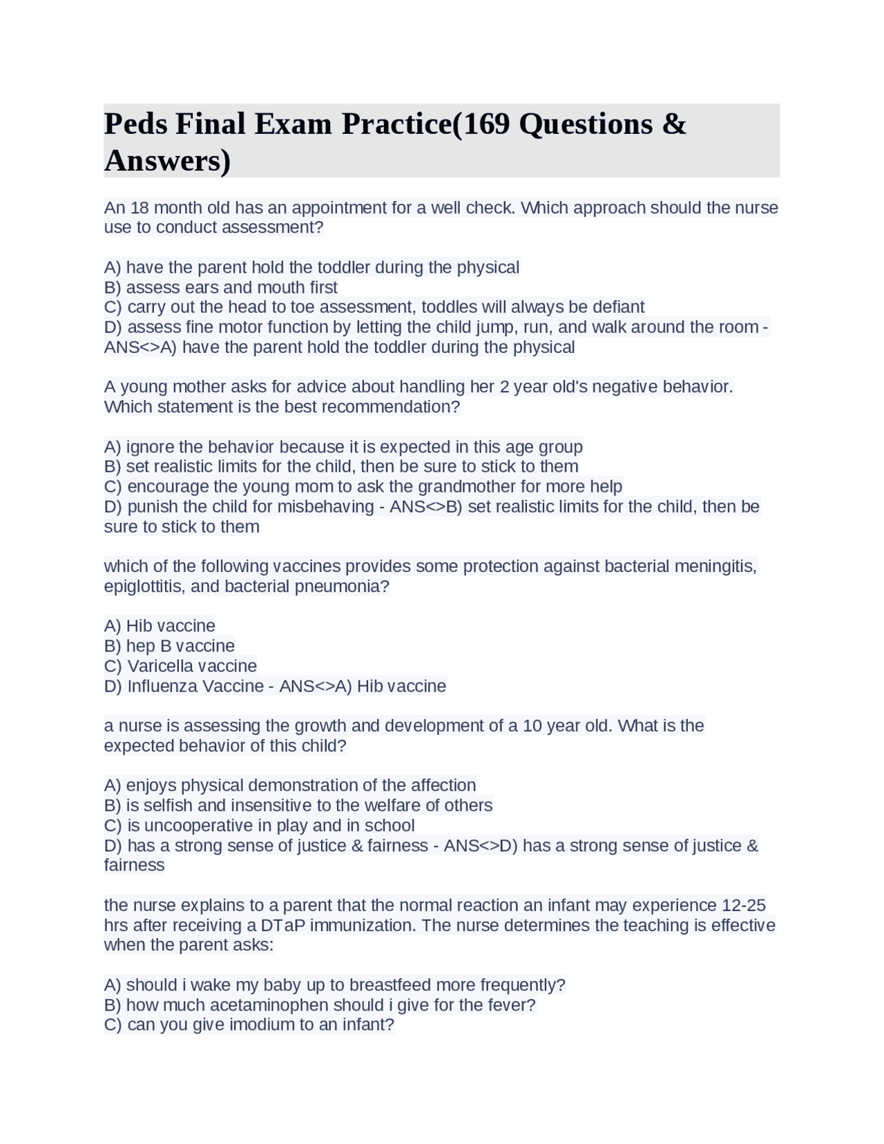 Peds Final Exam Practice169 Questions And Answers Exams Laboratory