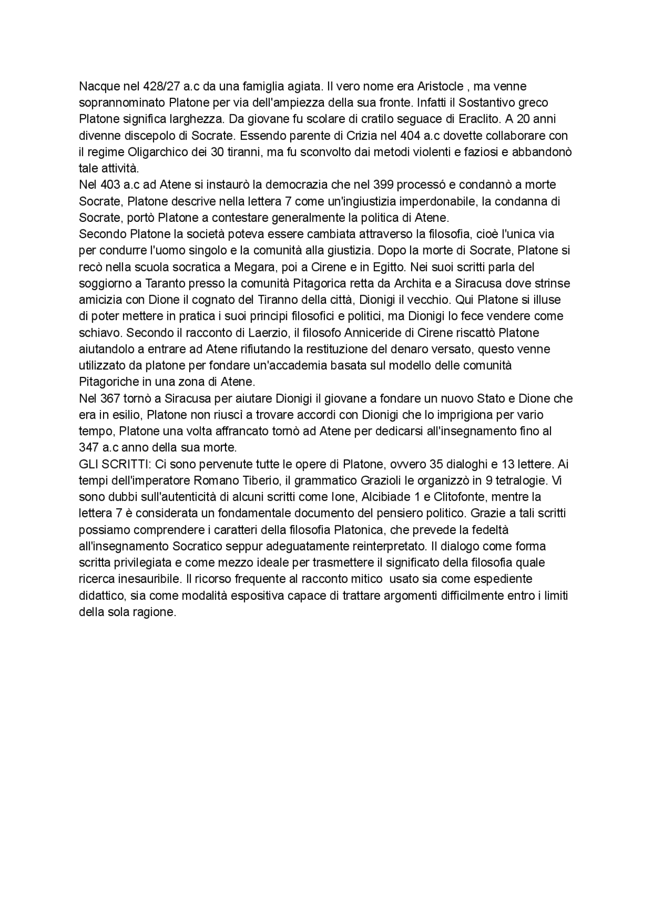 Introduzione Platone Schemi E Mappe Concettuali Di Filosofia Docsity