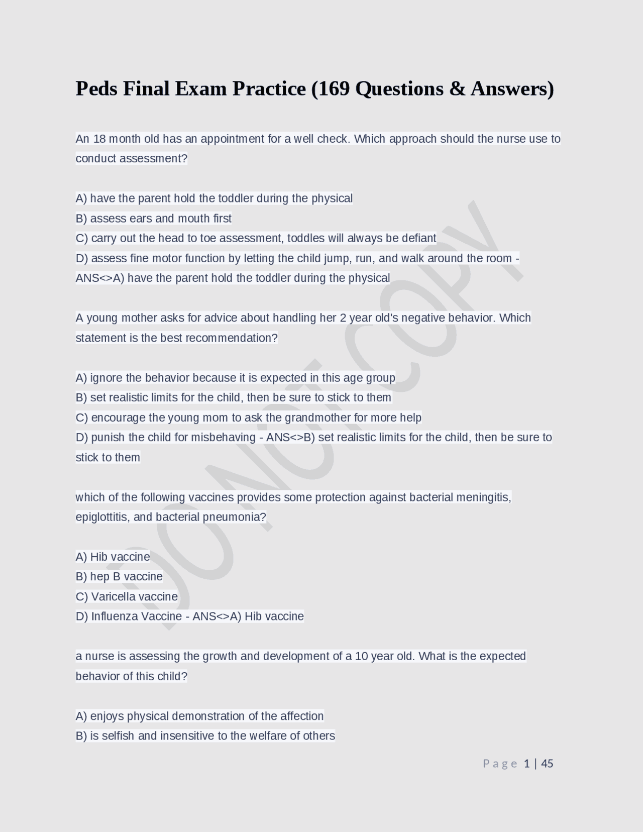 Peds Final Exam Practice 169 Questions And Answers Exams Laboratory