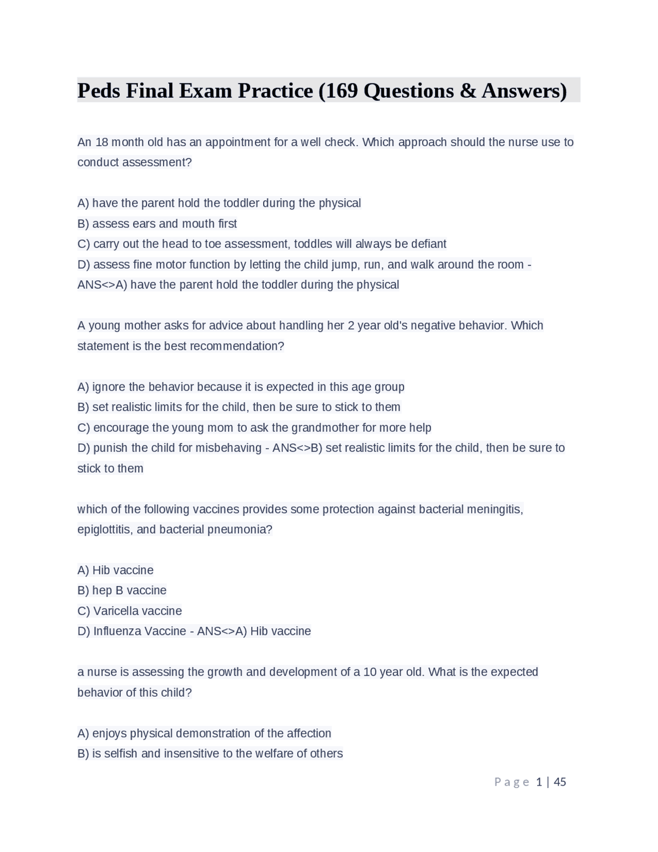 Peds Final Exam Practice 169 Questions And Answers Exams Laboratory