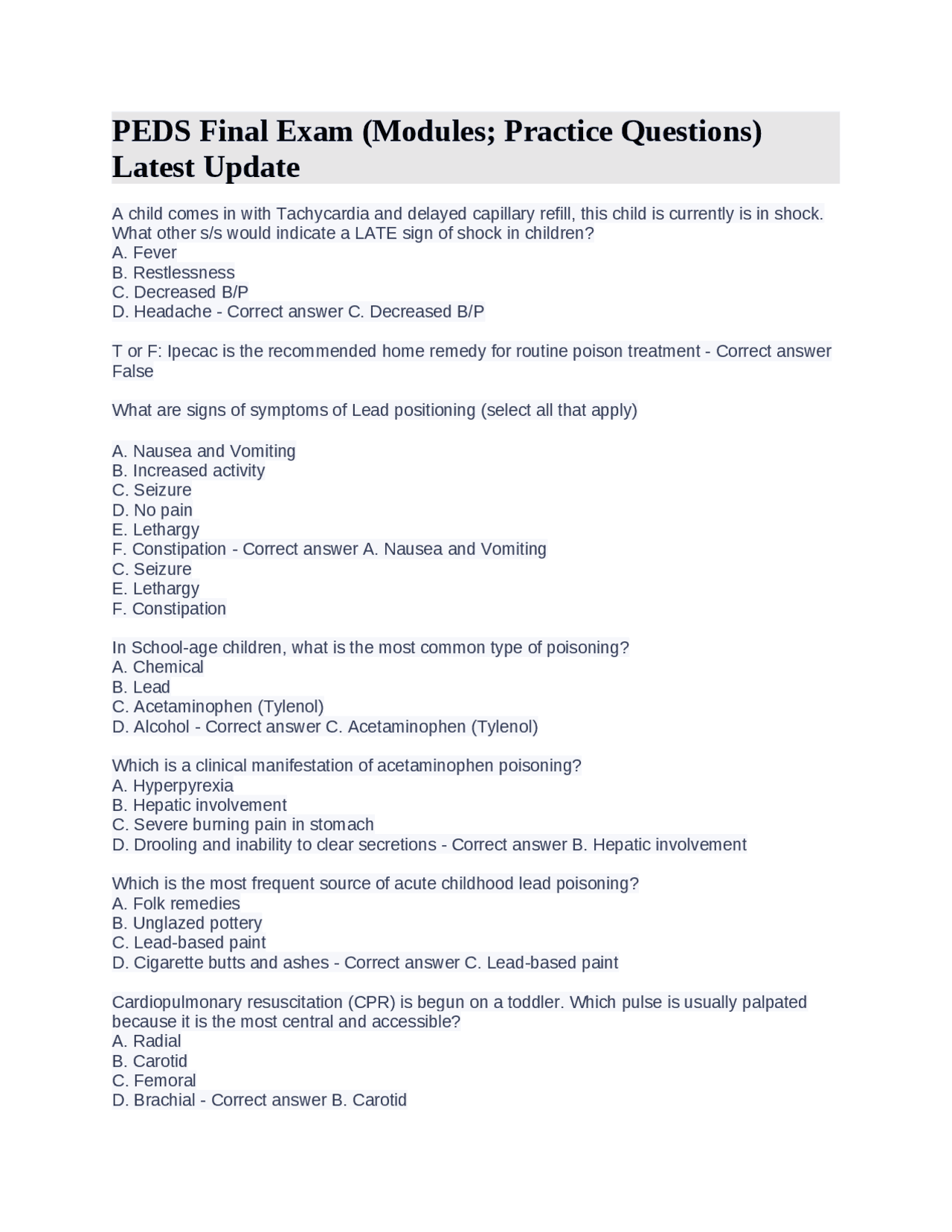 PEDS Final Exam (Modules; Practice Questions) Latest Update | Exams ...