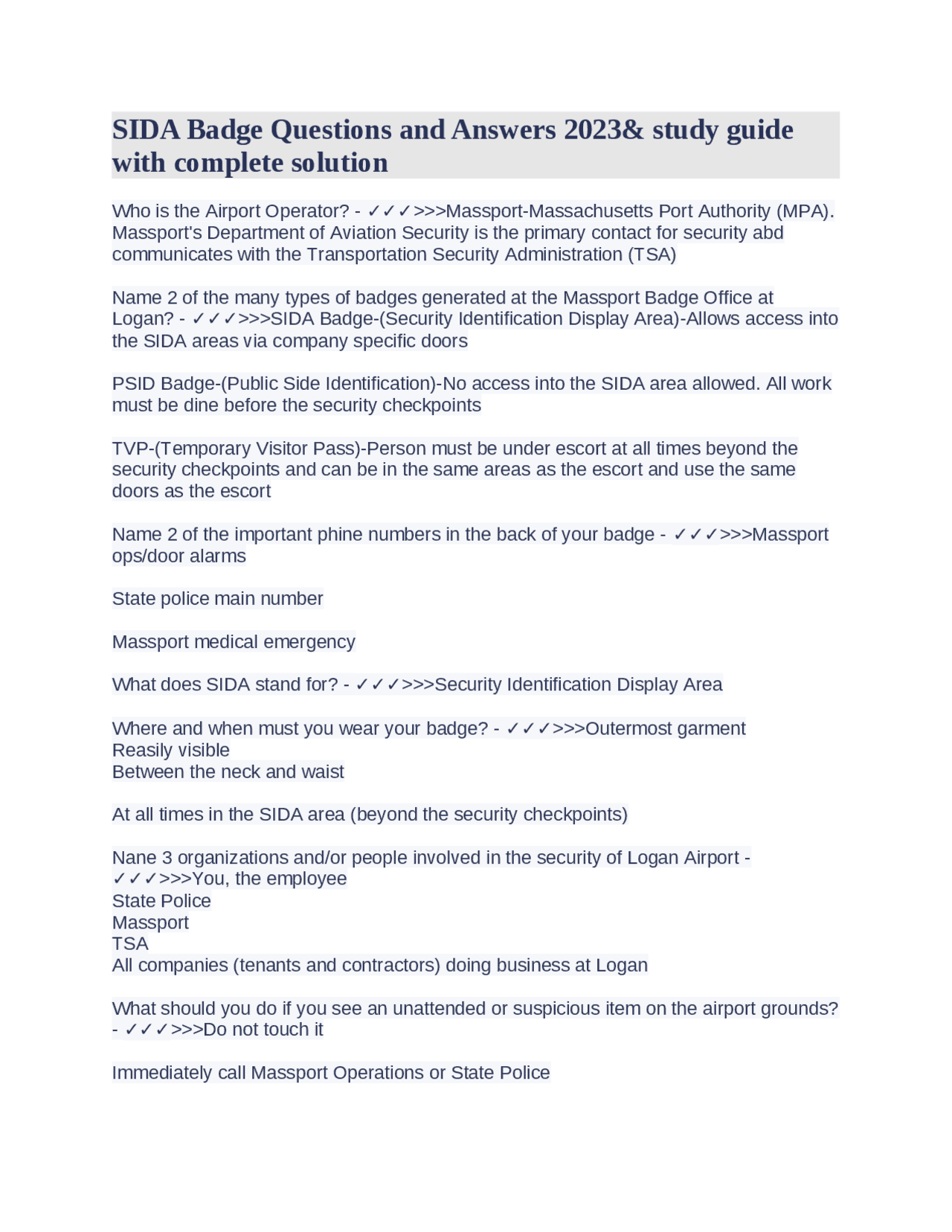 SIDA Badge Questions and Answers 2023& study guide with complete ...