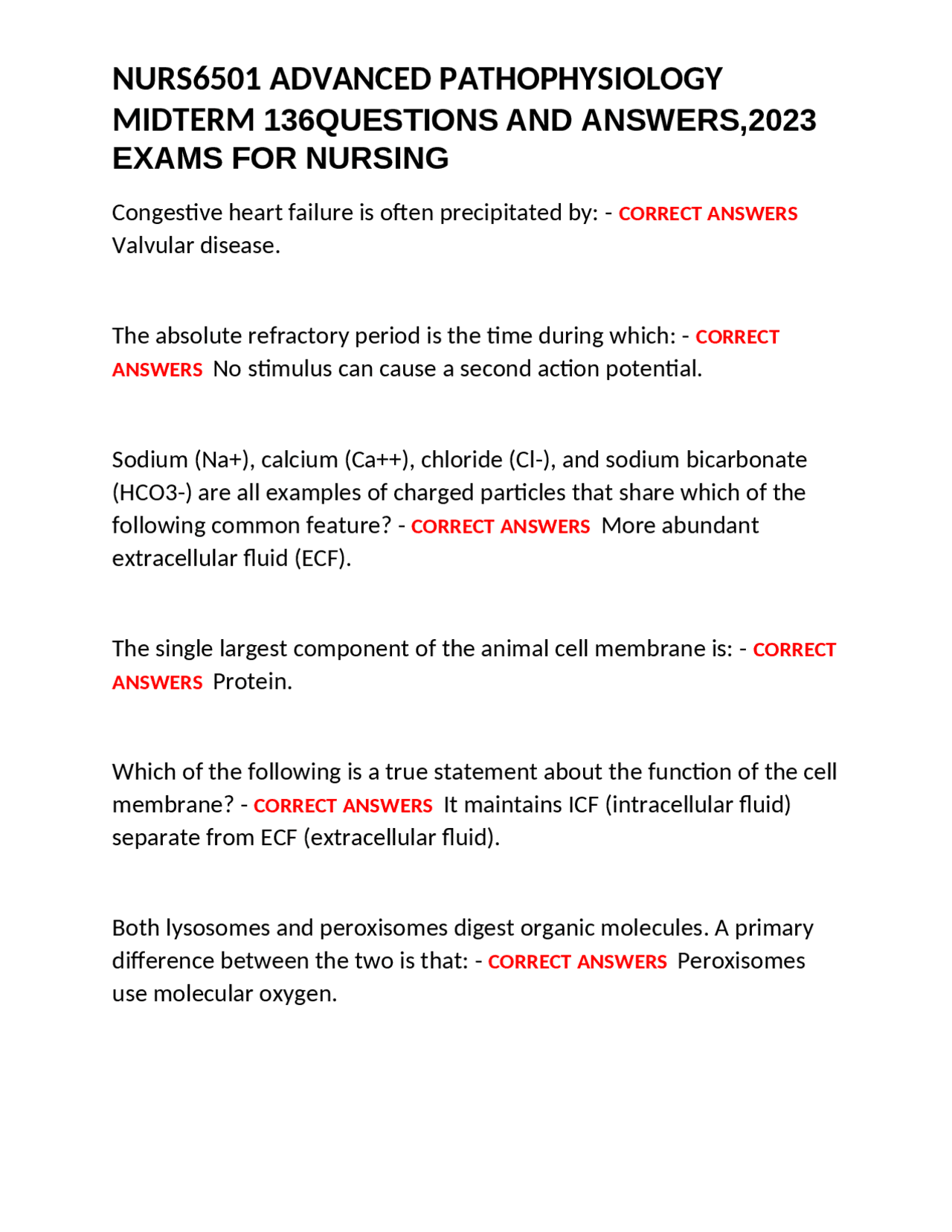 Nurs6501 Advanced Pathophysiology Midterm 136questions And Answers2023
