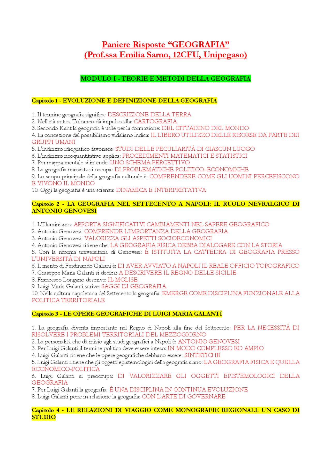 Paniere Risposte GEOGRAFIA (AGGIORNATO E CON DOMANDE FUORI PIATT) Prof.ssa SARNO UNIPEGASO ...