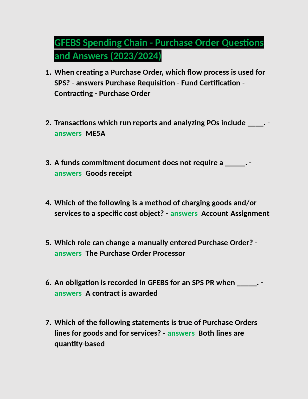 Gfebs Spending Chain Purchase Order Questions And Answers 20232024