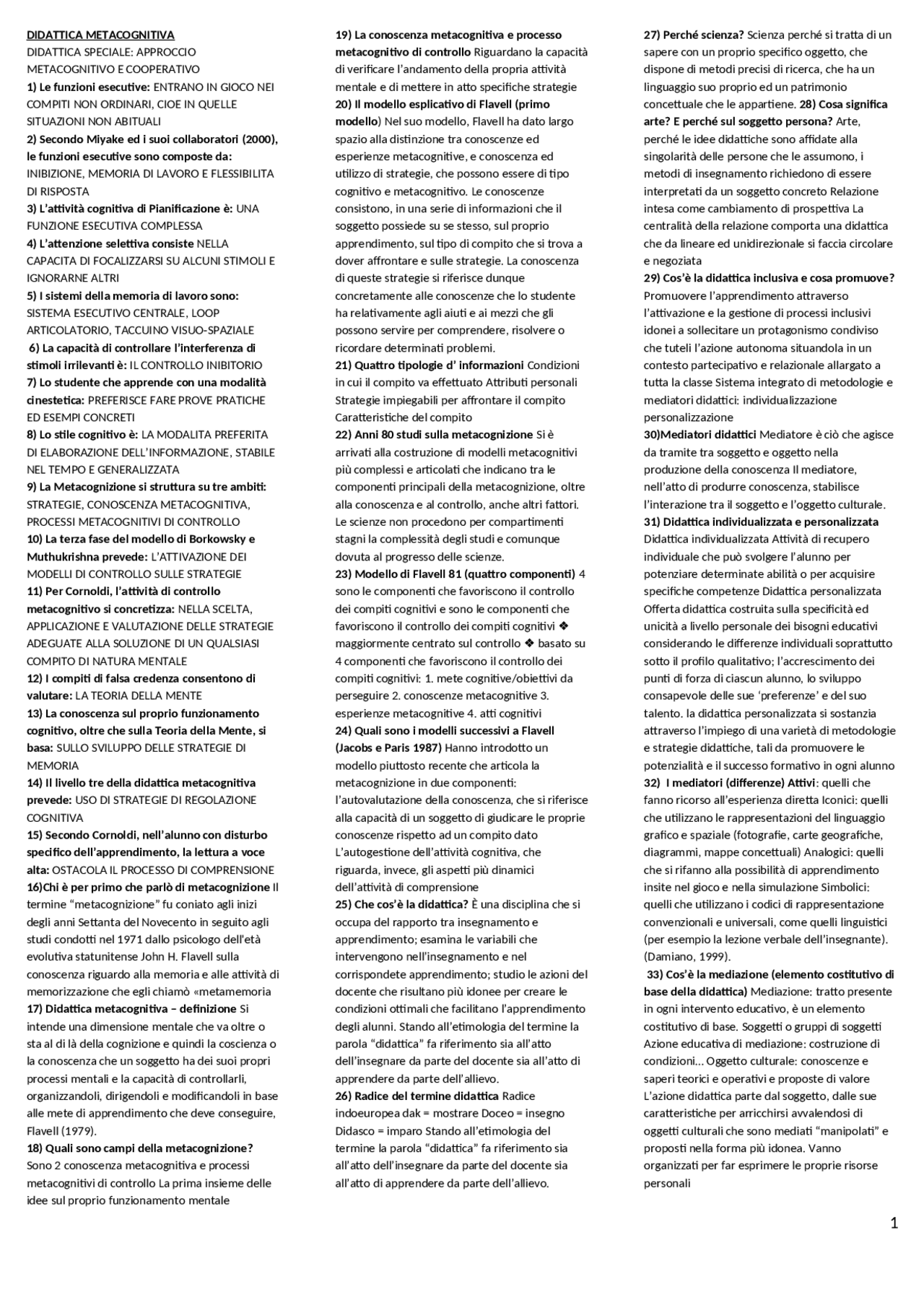 Didattica Metacognitiva Esame Del Corso Con Domande E Risposte