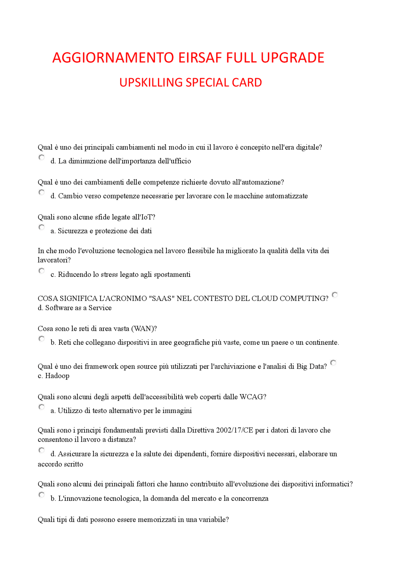 Aggiornamento Eirsaf full Upgrade 2023 | Prove d'esame di Elementi di Informatica | Docsity