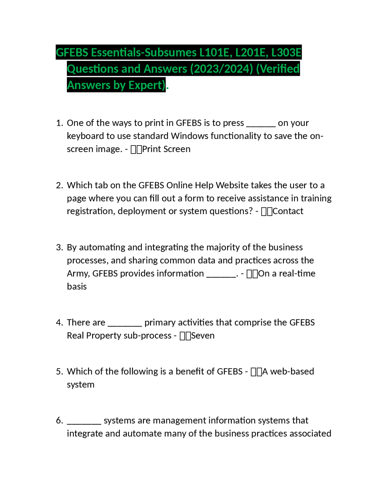 GFEBS Essentials-Subsumes L101E, L201E, L303E Questions and Answers | Exams Nursing | Docsity
