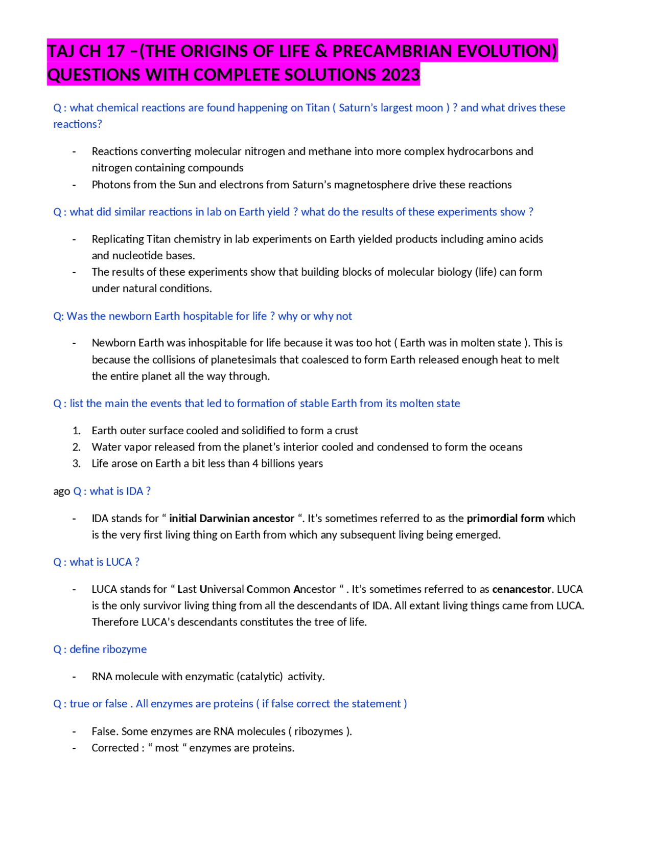 TAJ CH 17 –(THE ORIGINS OF LIFE & PRECAMBRIAN EVOLUTION) QUESTIONS WITH ...