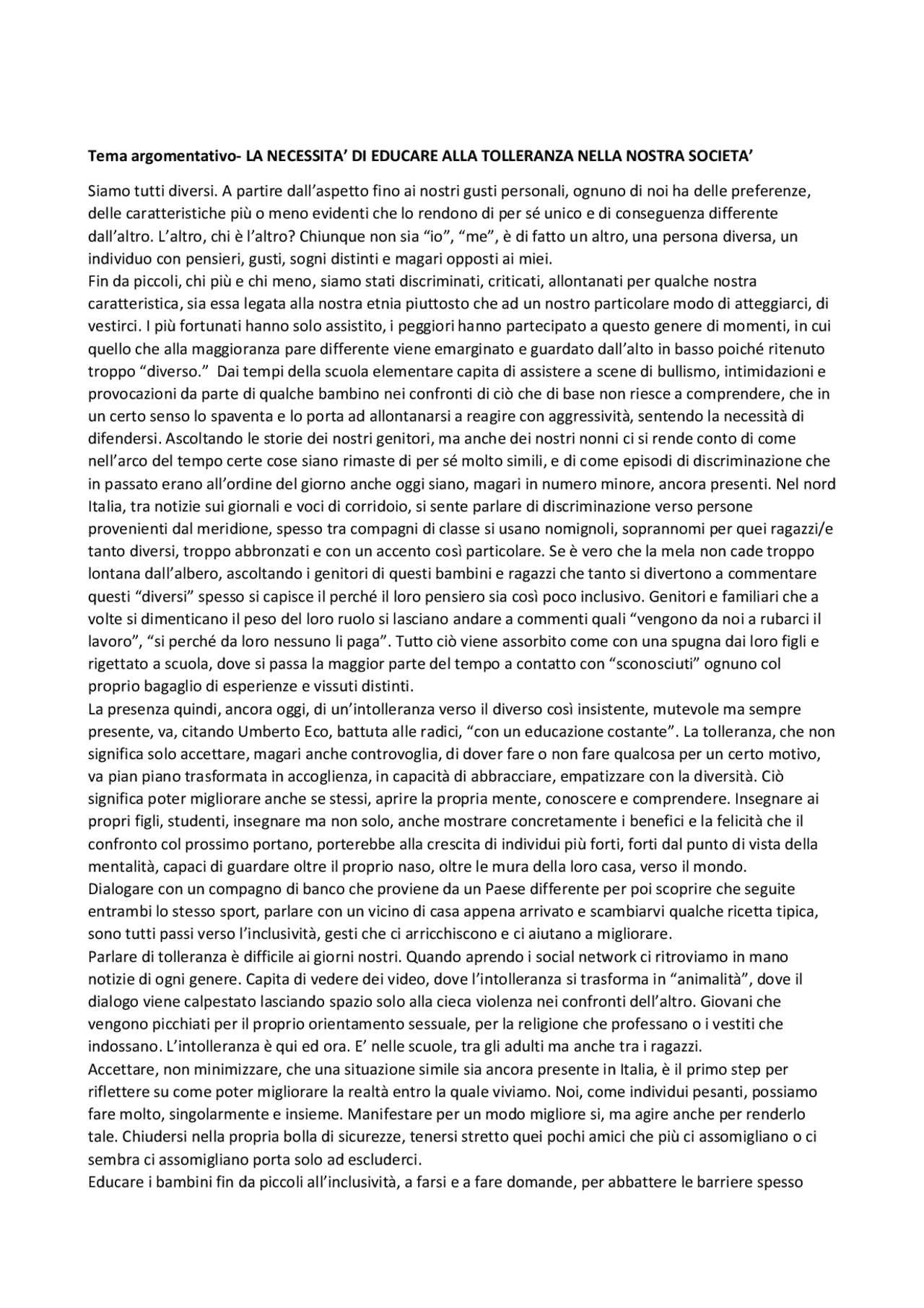 Testo argomentativo sulla tolleranza | Temi di Italiano | Docsity Testo argomentativo sulla tolleranza | Temi di Italiano | Docsity