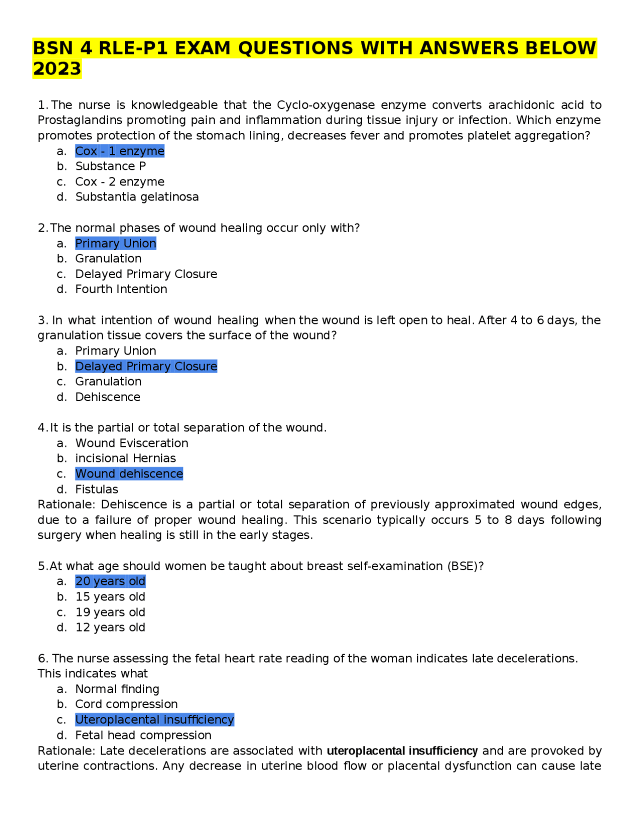 BSN 4 RLE-P1 EXAM QUESTIONS WITH ANSWERS BELOW 2023 | Exams Nursing ...