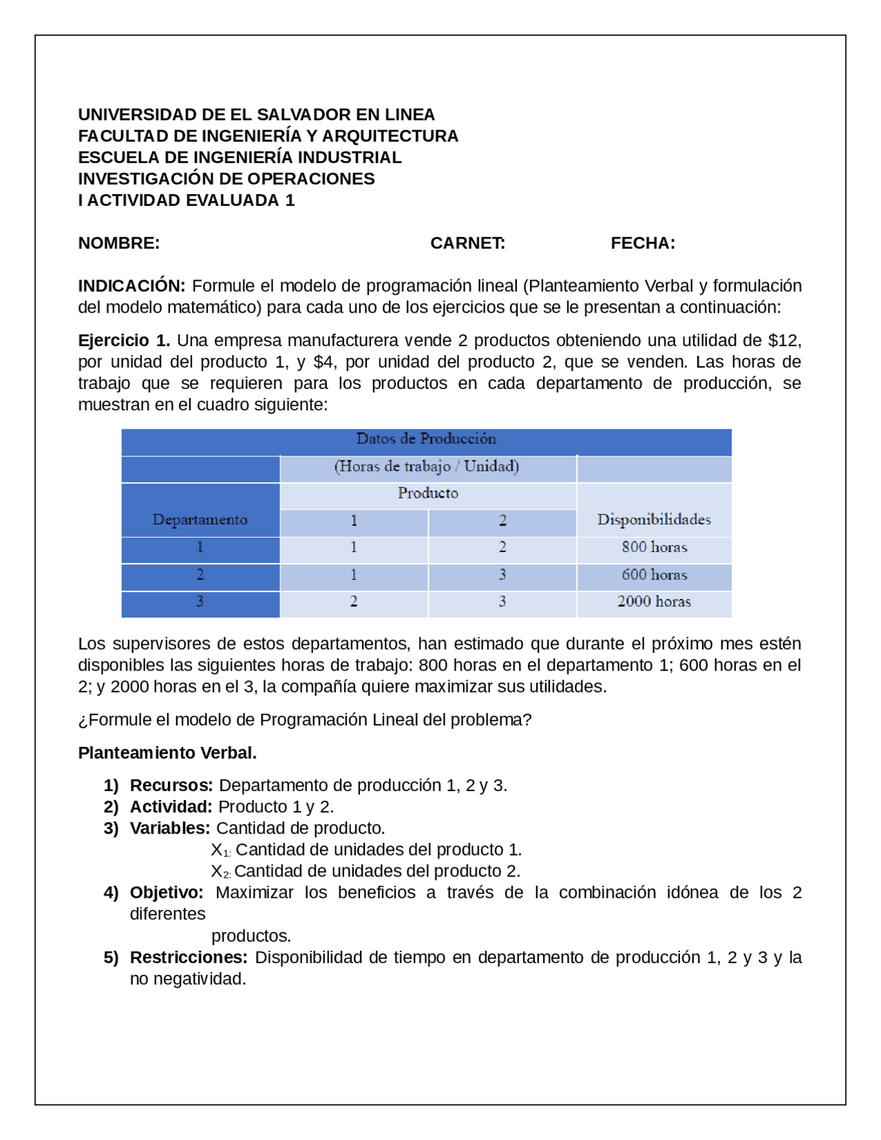 Ejercicios De Programación Lineal Ejercicios De Investigación De