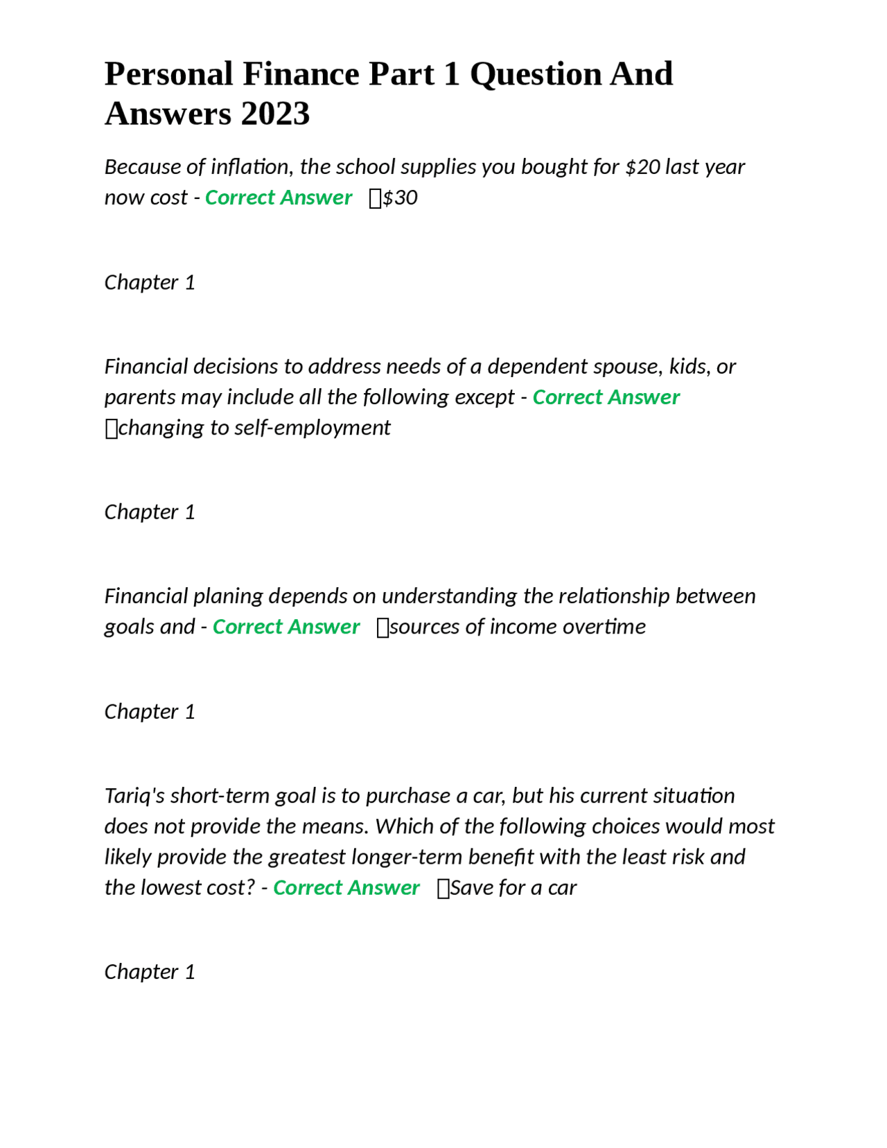 Personal Finance Part 1 Question And Answers 2023 Exams Nursing Docsity