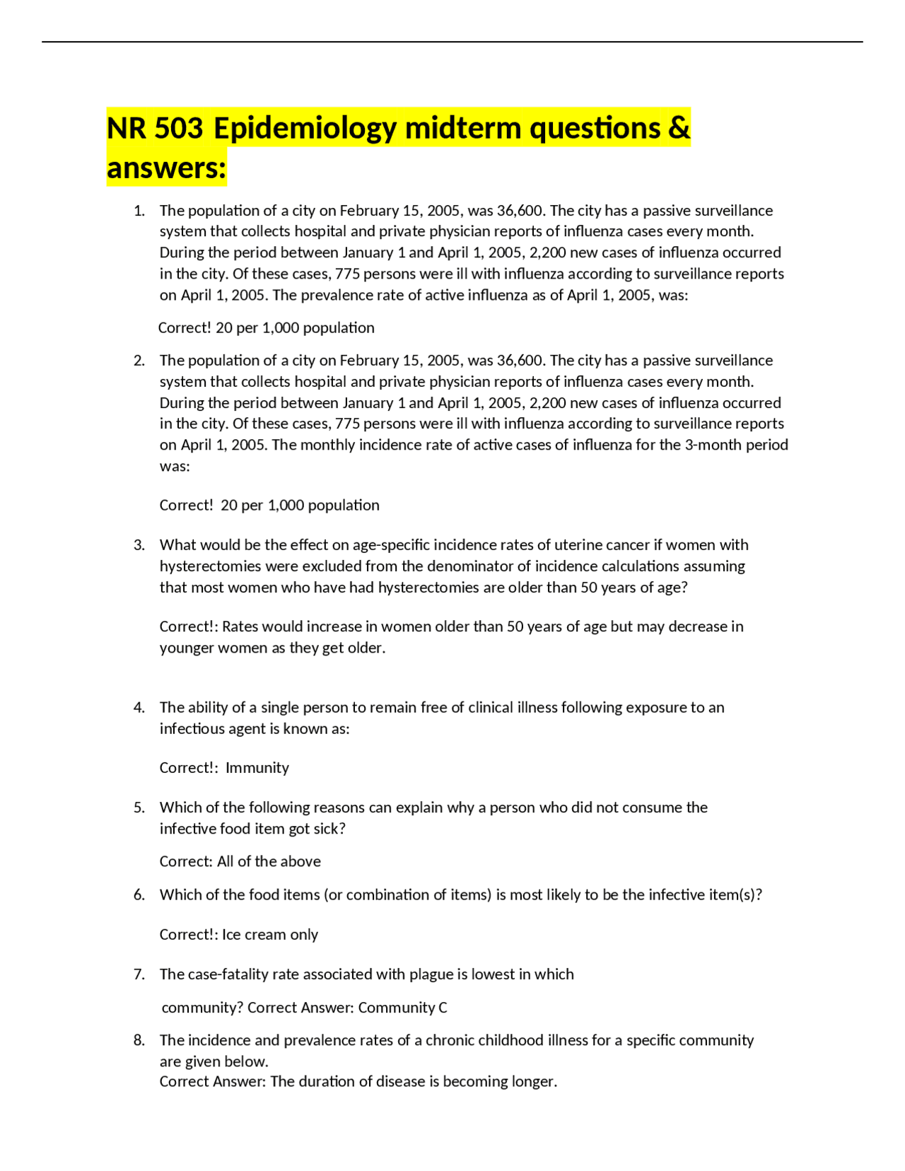 NR 503 Epidemiology midterm questions & answers: | Exams Nursing | Docsity