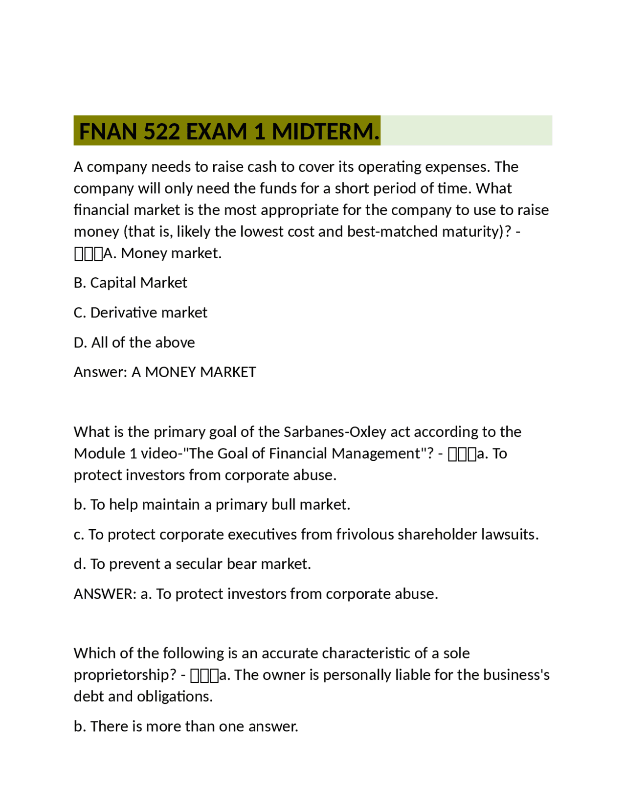 Fnan 522 Exam 1 Midterm Exams Nursing Docsity