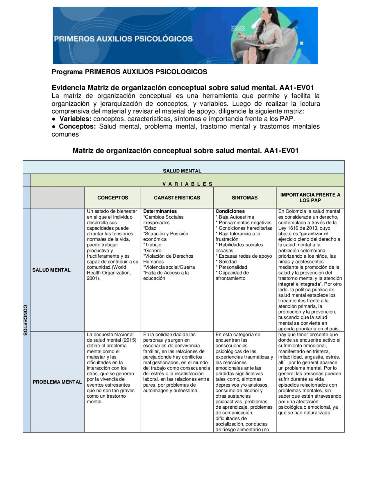 Matriz de organización conceptual sobre salud mental. AA1-EV01 ...