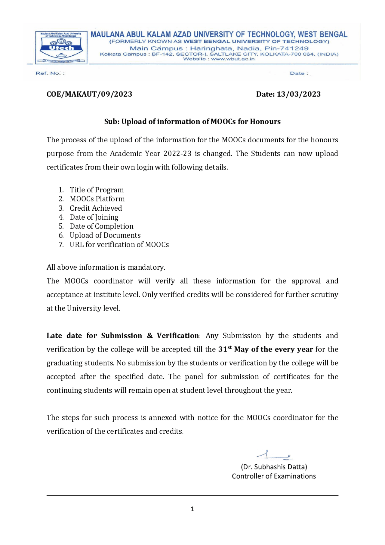 Procedure for MOOCs Certificate Verification in MAKAUT | Schemes and ...