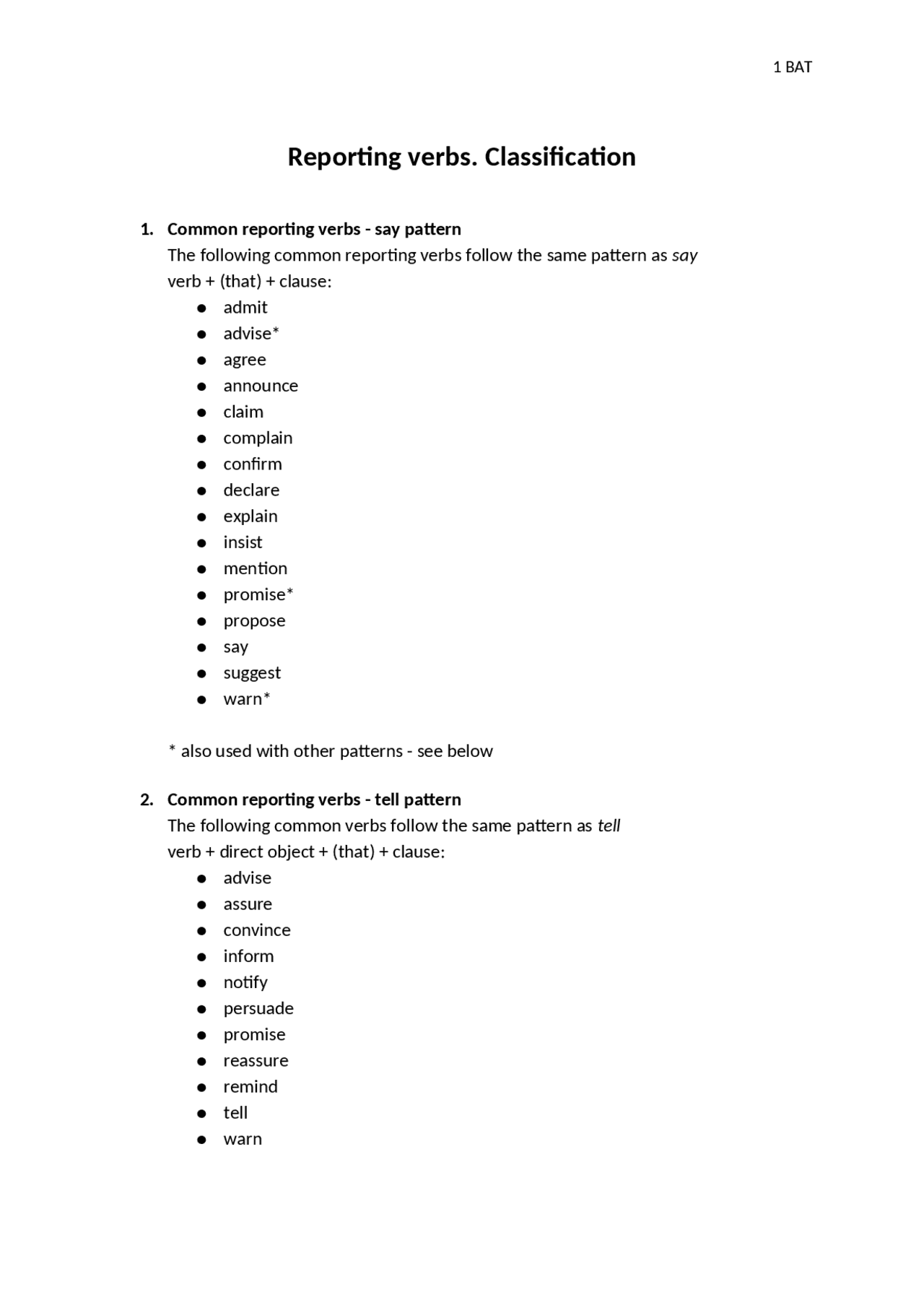 Reporting verbs. Classification. | Resúmenes de Inglés | Docsity